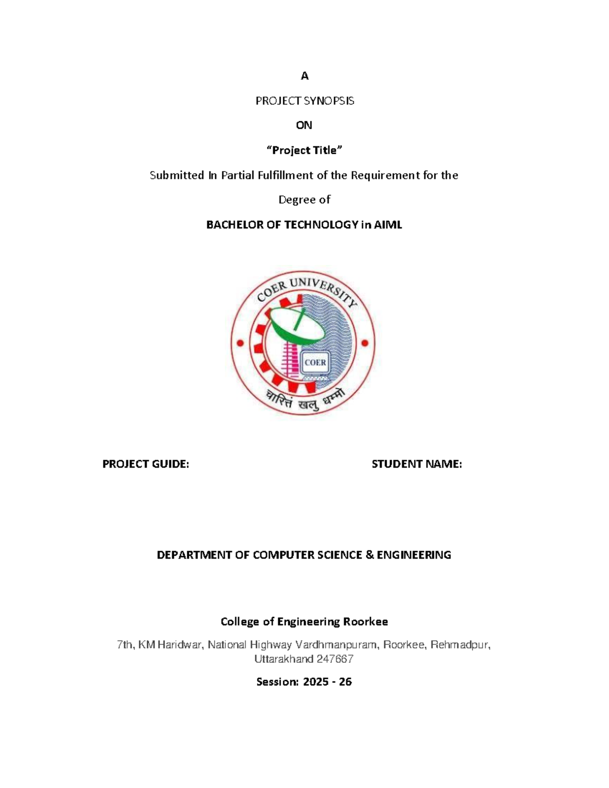 Project Synopsis Format-AIML-UTU - Artificial intelligence - A PROJECT ...