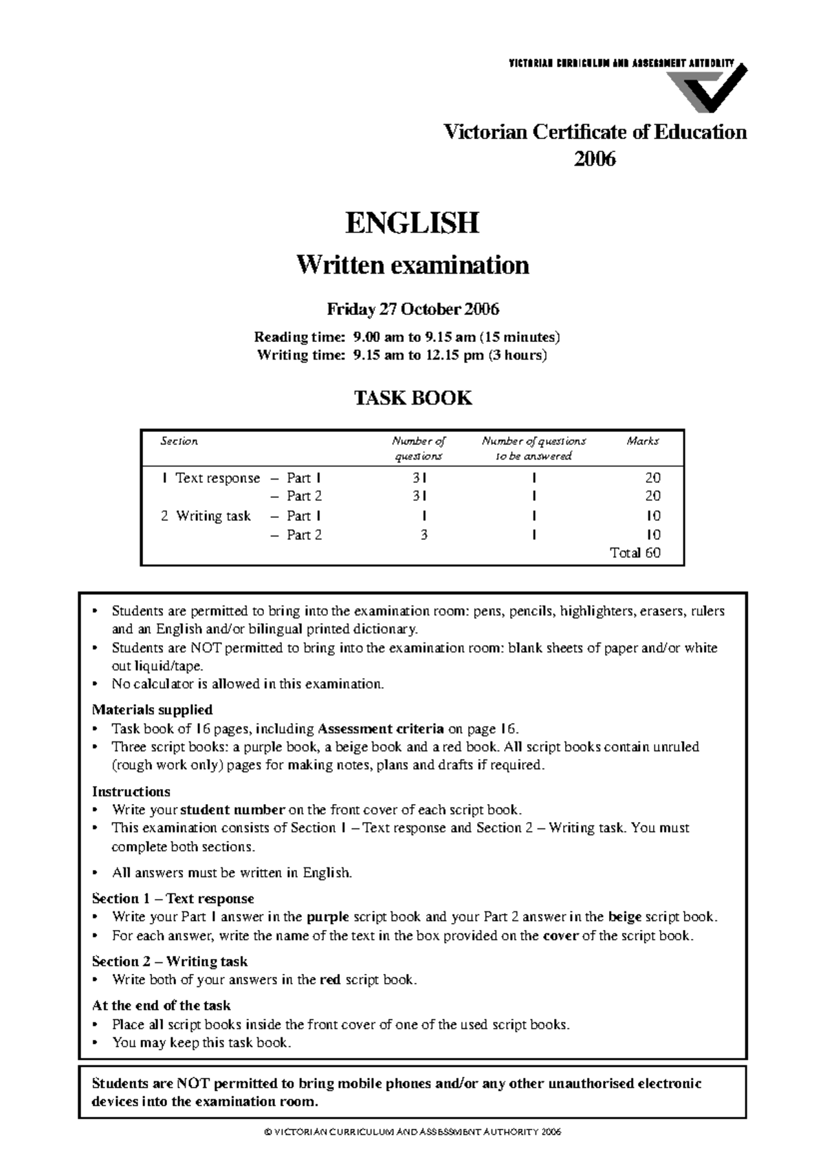 2006 VCE ENGLISH Written Exam Task Book and Instructions - Studocu