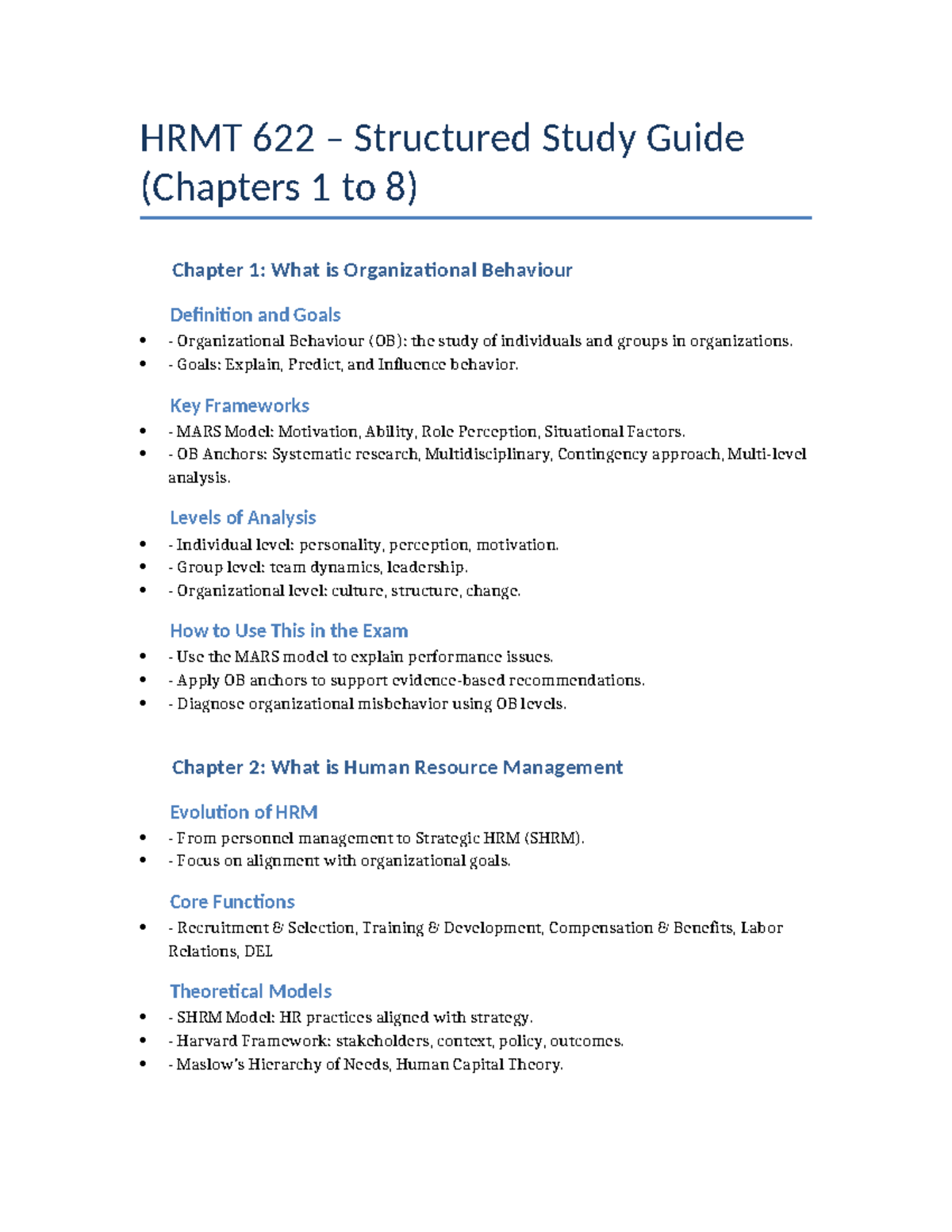 HRMT 622 Structured Cheat Sheet: Key Concepts from Chapters 1-8 - Studocu