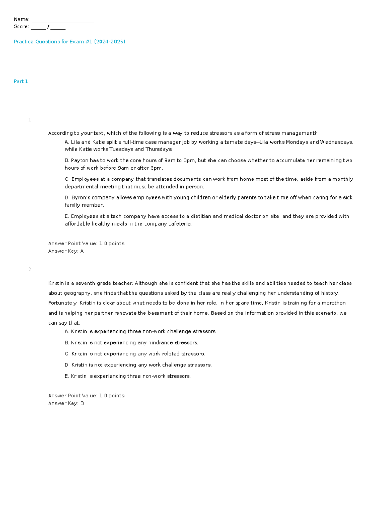 Practice Questions for Exam #1 (2024-2025): Answer Key Included - Studocu