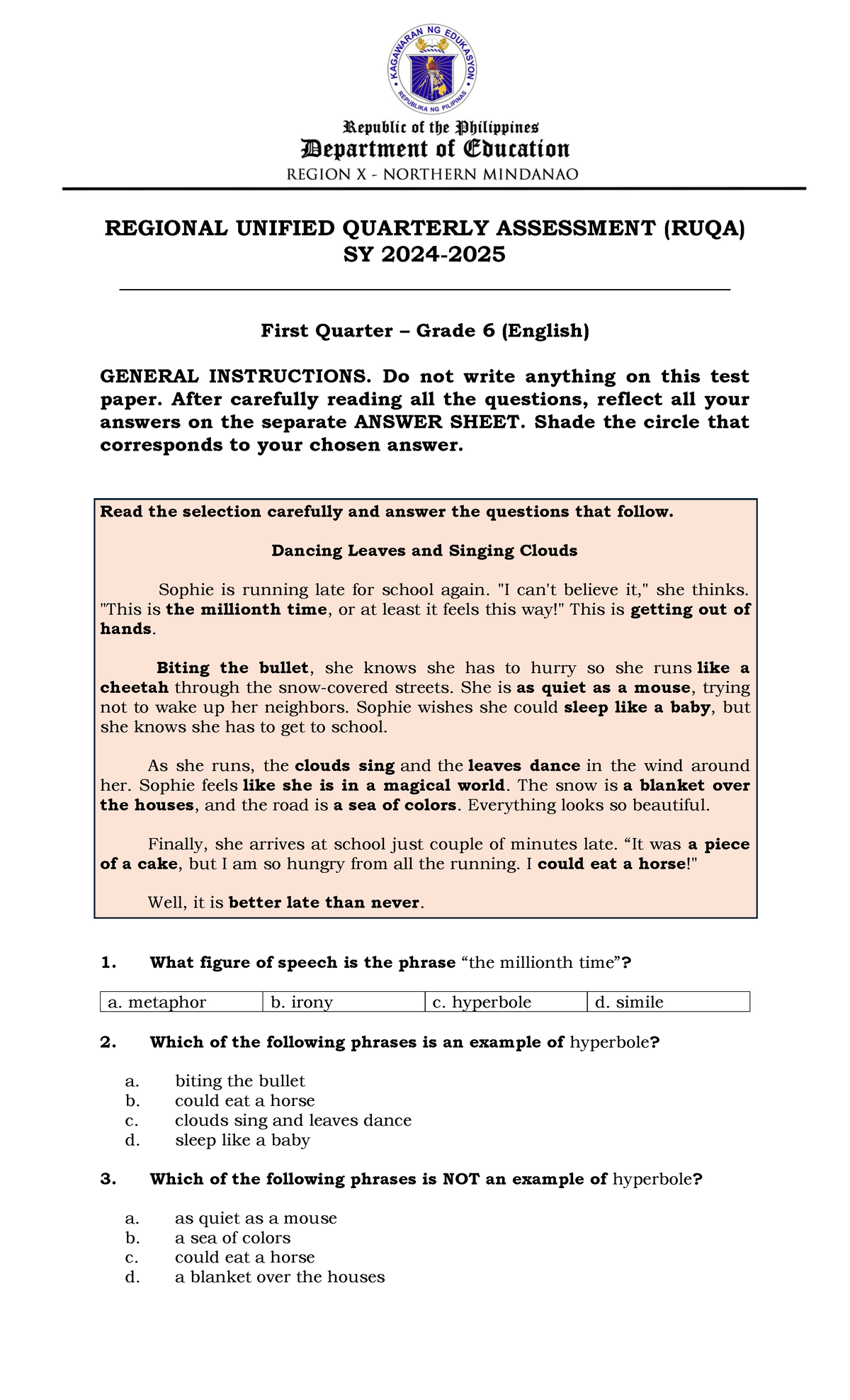 Grade 6 English Q1 Assessment - RUQA Test Paper - Studocu