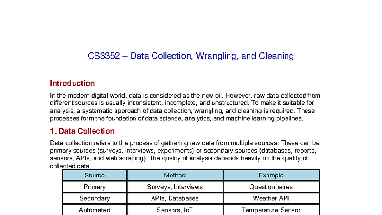 CS3352 Data Collection, Wrangling, and Cleaning Overview - Studocu