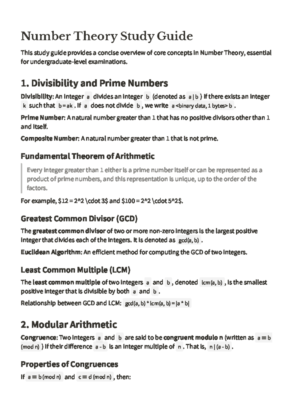 Number Theory Study Guide (Course Code: NT101) - Key Concepts and ...