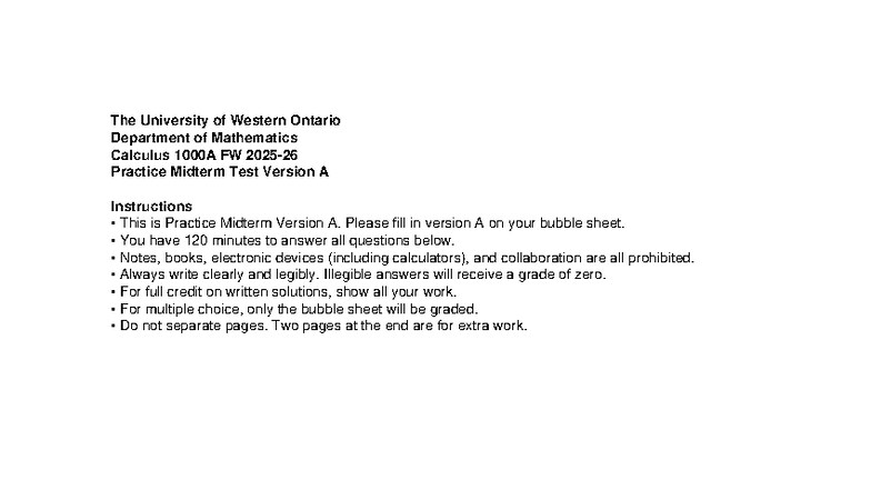 Calculus 1000A Practice Midterm Test Version A - Studocu