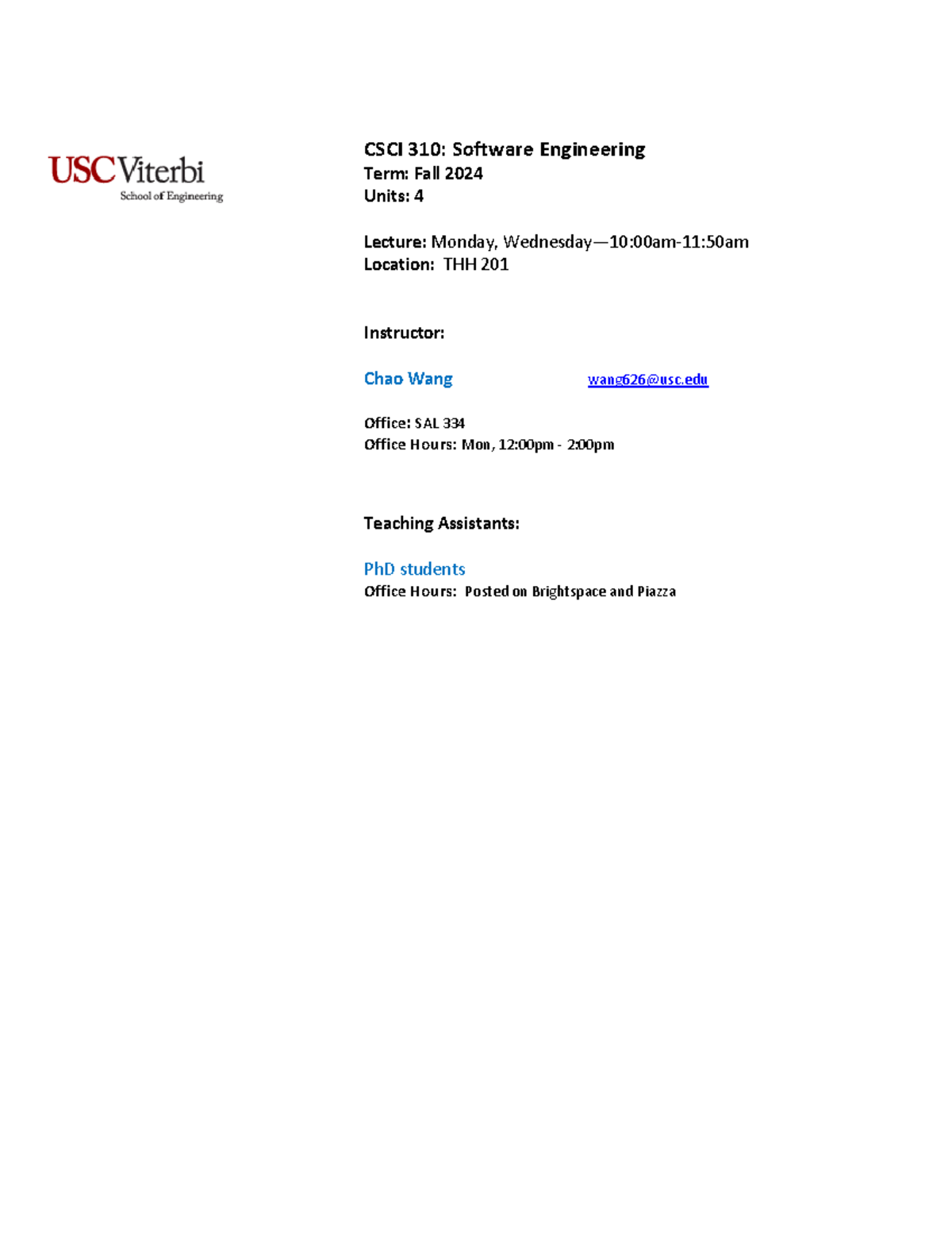 CS310 Syllabus - Software Engineering Course Outline for Fall 2024 - Studocu