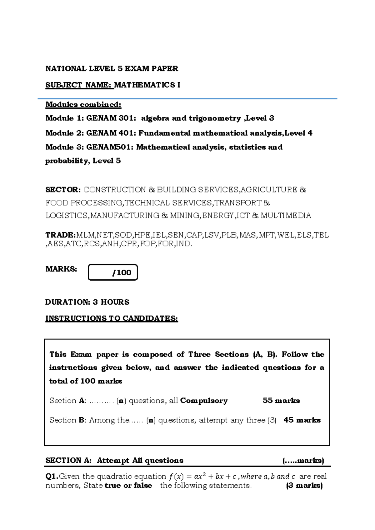 Sample Paper: National Level 5 Exam - Mathematics I (GENAM 301, 401 ...