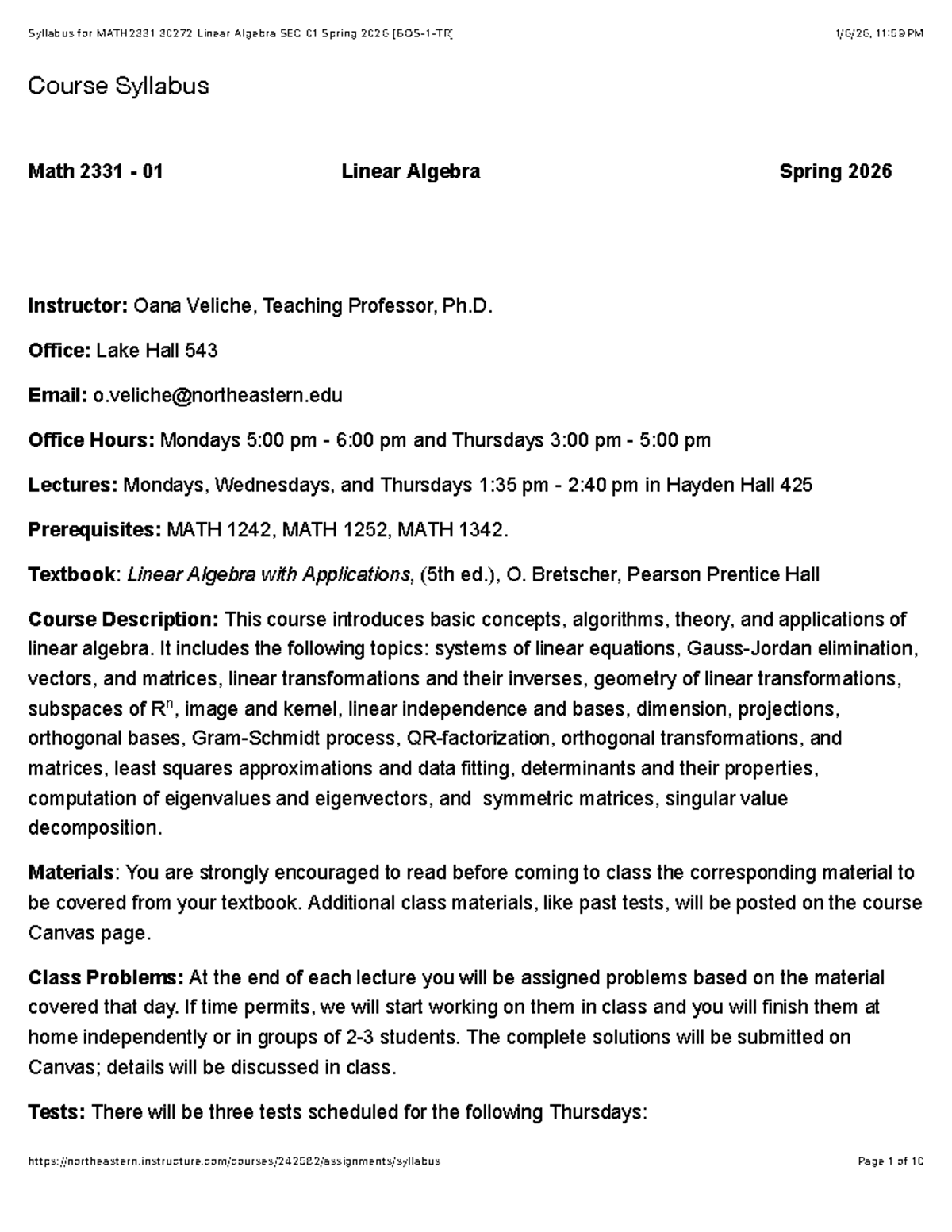 Syllabus for MATH2331 30272 Linear Algebra SEC 01 Spring 2026 - Studocu
