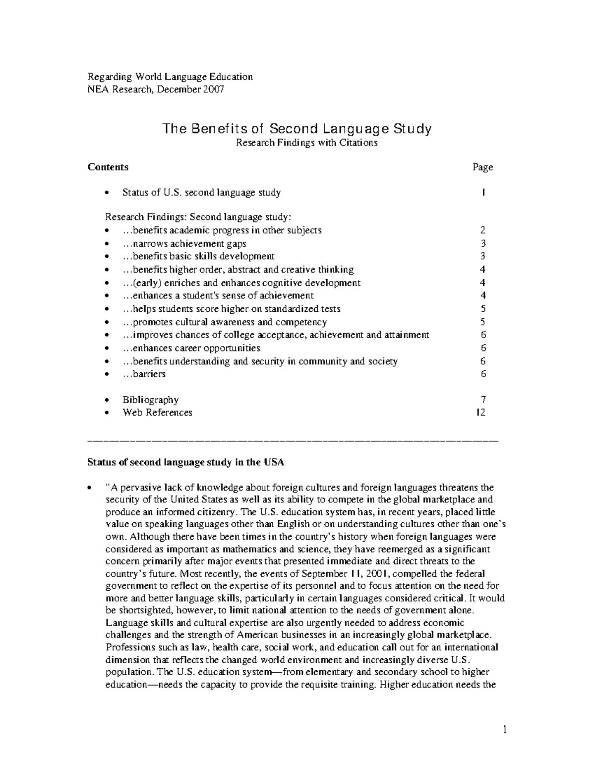 The Benefits of Second Language Study: NEA Research Findings (2007 ...