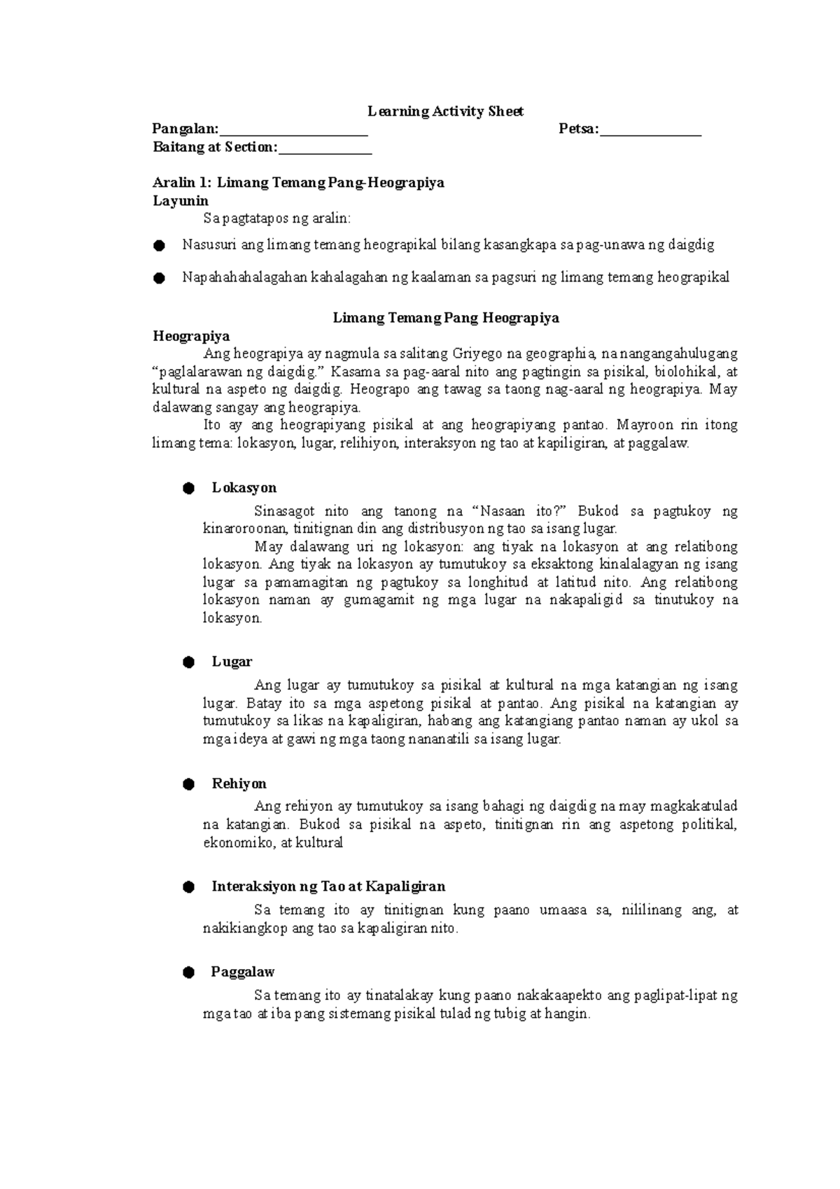 LAS Final Exam - Learning Activity Sheet on Geographical Themes and ...