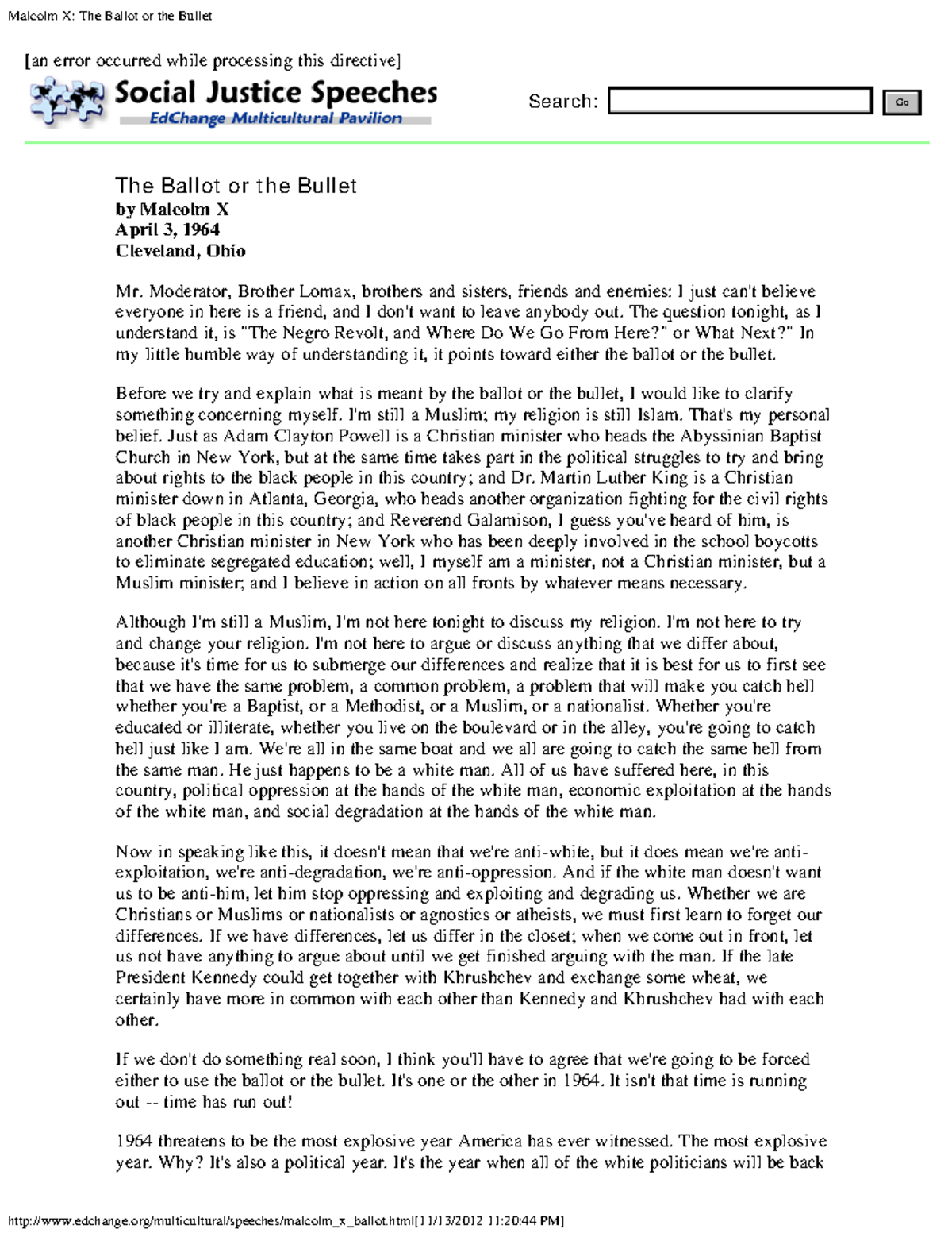 Malcolm X: The Ballot or the Bullet Speech (1964) Analysis - [an error ...