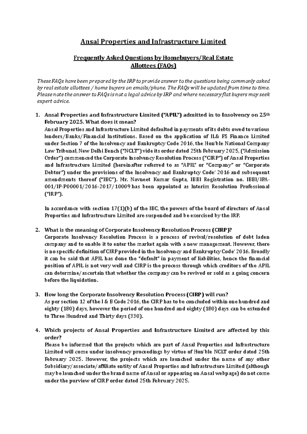 FAQs for real estate allottees regarding Ansal Properties and ...