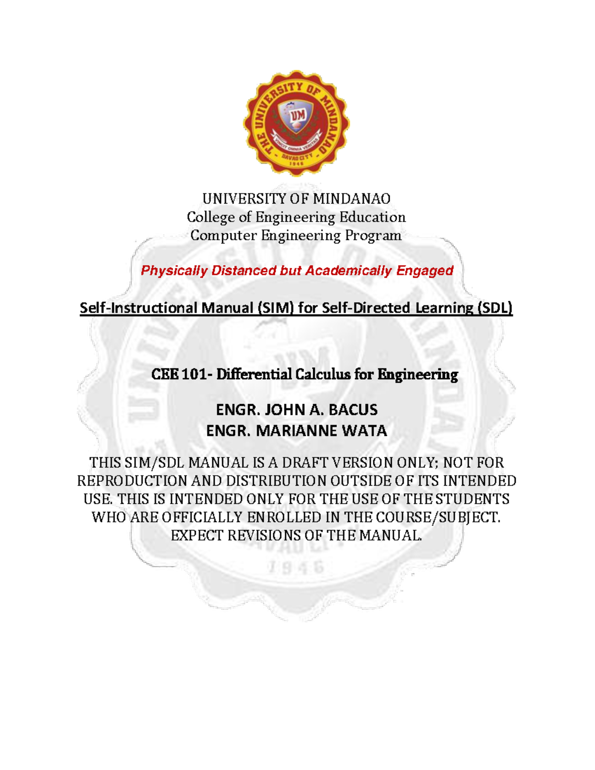 CEE 10 Differential Calculus Manual for Engineering Students - Studocu