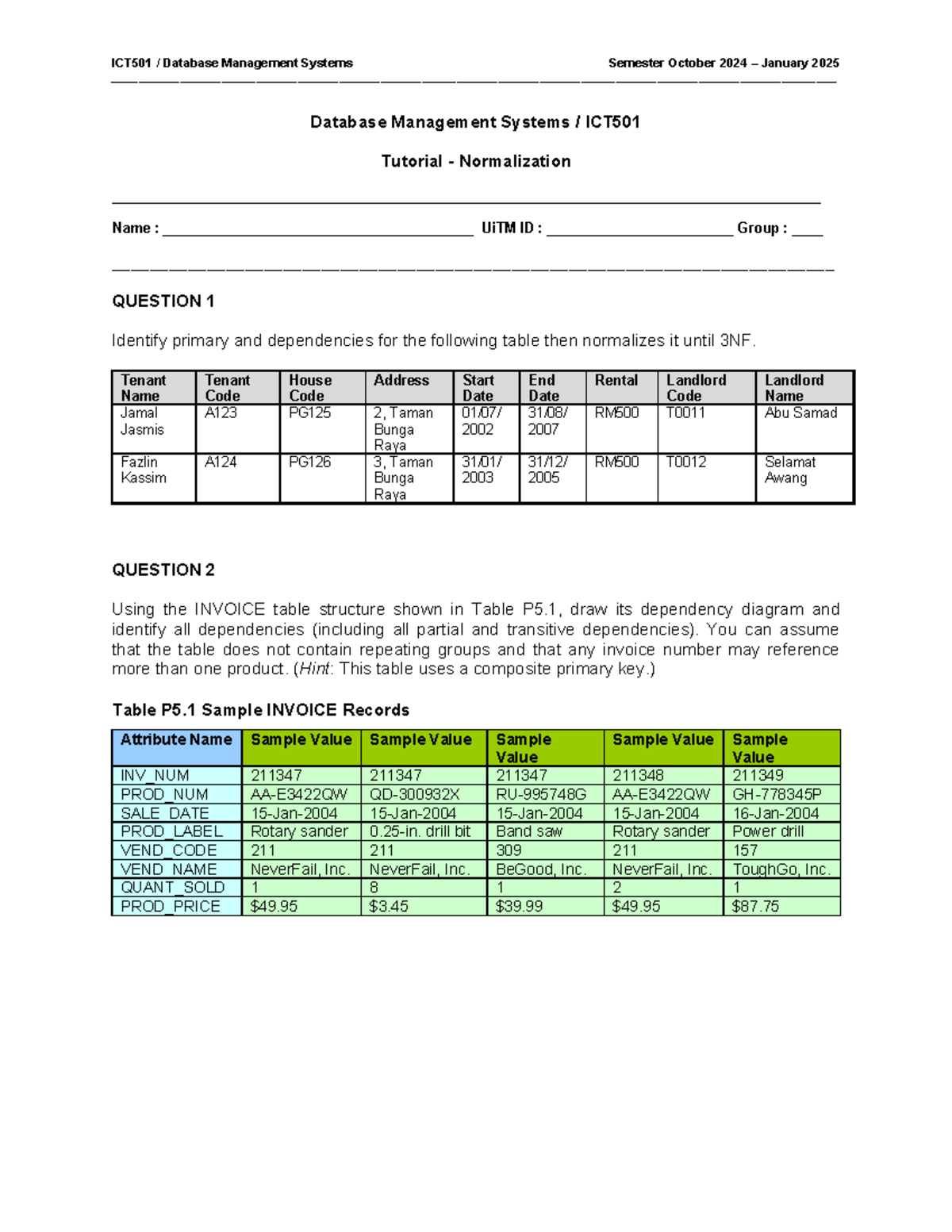 ICT501 Tutorial Normalization - ICT501 / Database Management Systems ...