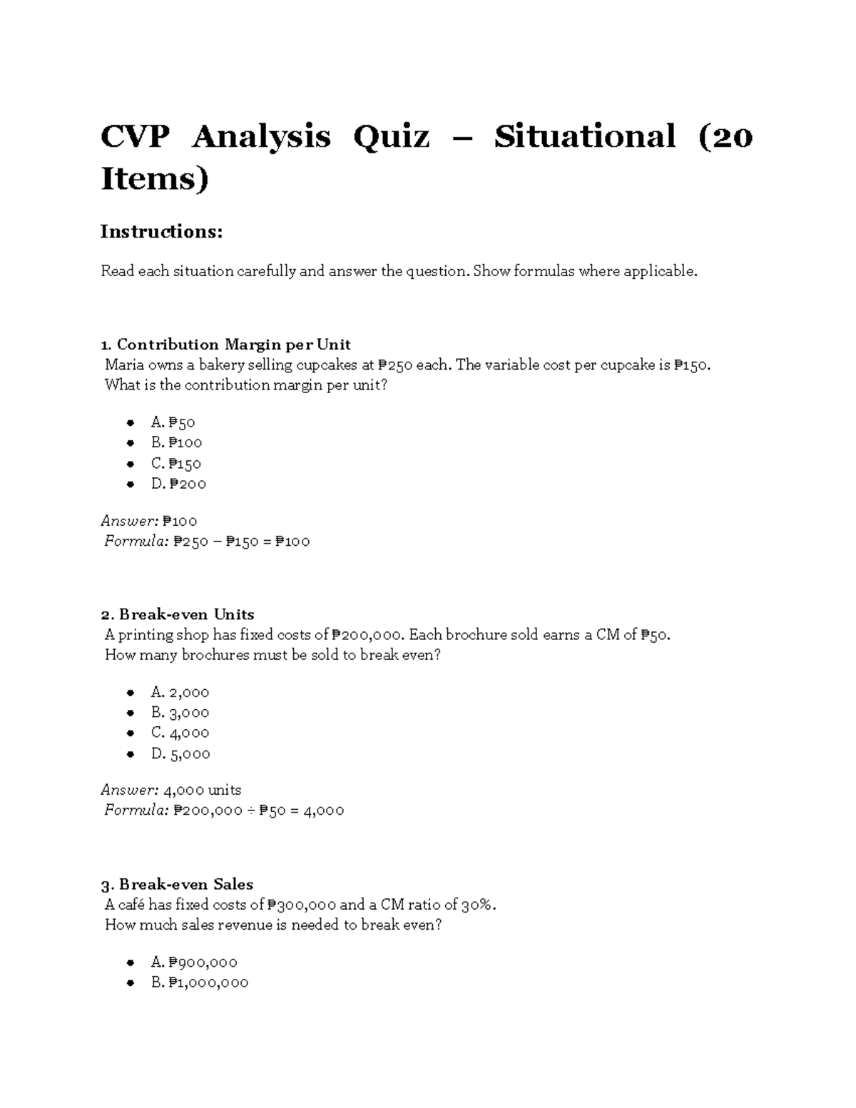 CVP Analysis Quiz (20 Items) - Situational Scenarios - Studocu