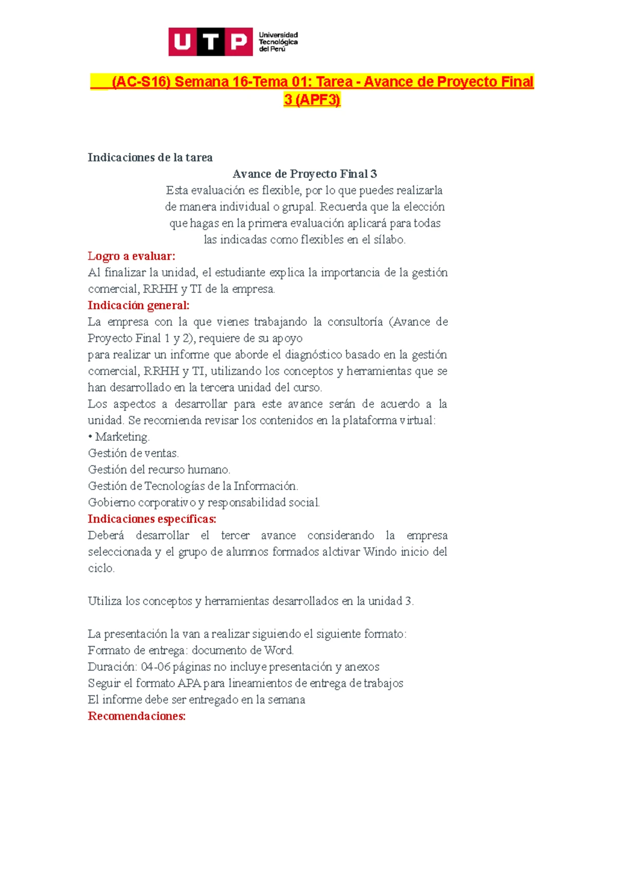🔴 (AC-S16) Semana 16-Tema 01: Tarea - Avance de Proyecto Final 3 (APF3) - Studocu