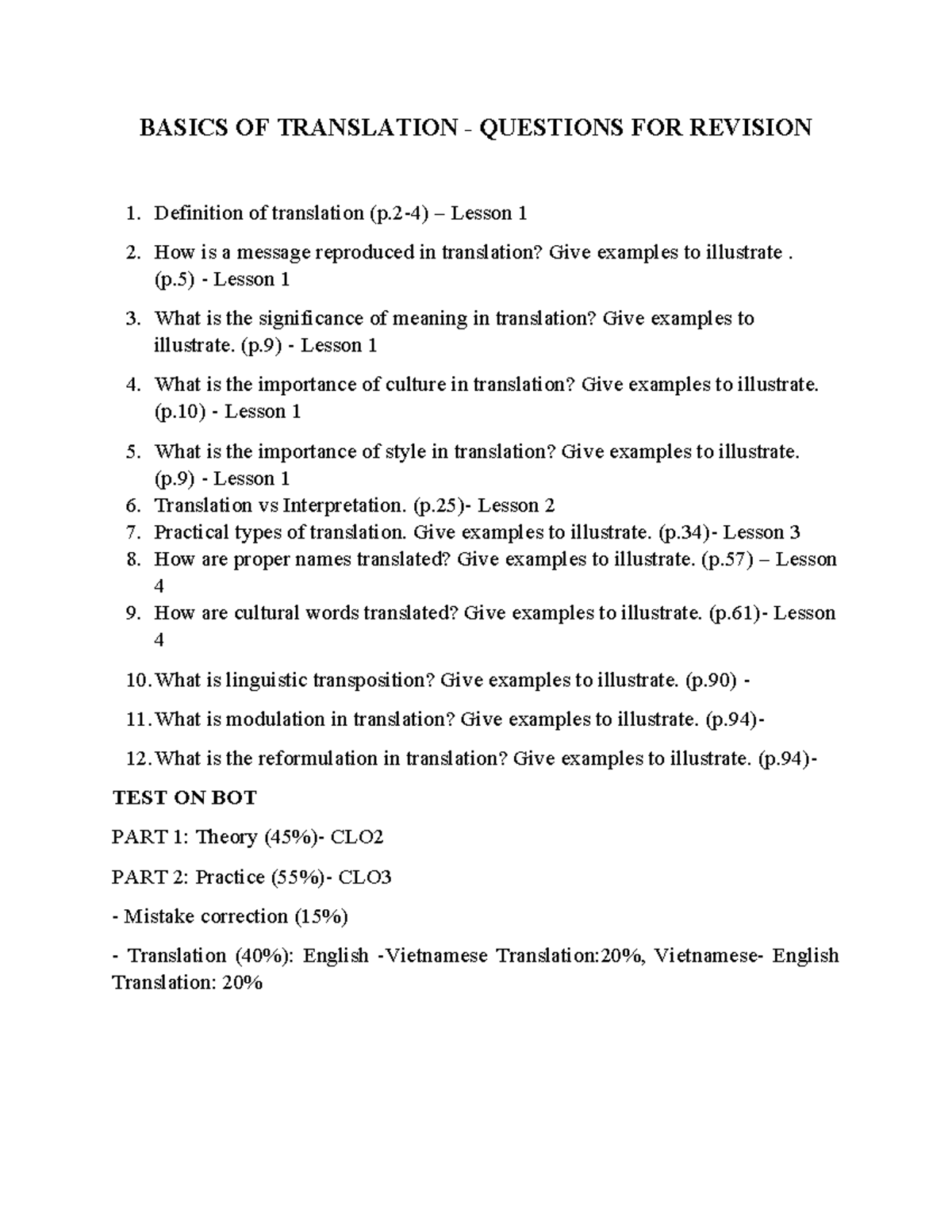 BASICS OF TRANSLATION REVISION QUESTIONS (Dịch Đại cương) - Studeersnel