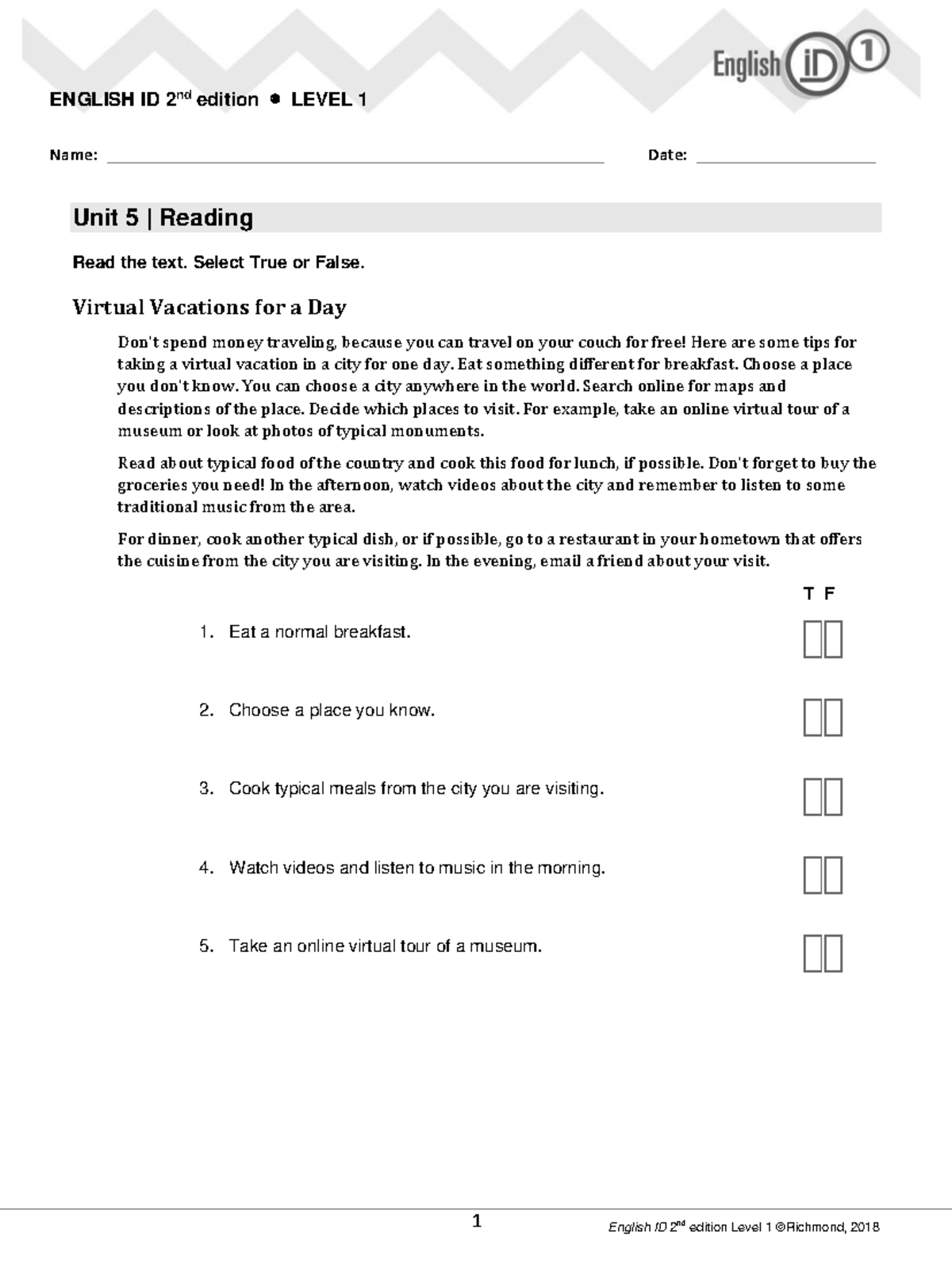 ENGLISH ID 2nd Edition Level 1 Unit 5 Study Guide - Studocu