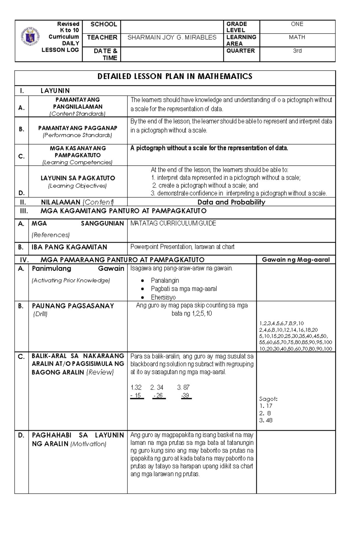 K to 10 Math Daily Lesson Log: Pictographs & Data Representation - Studocu