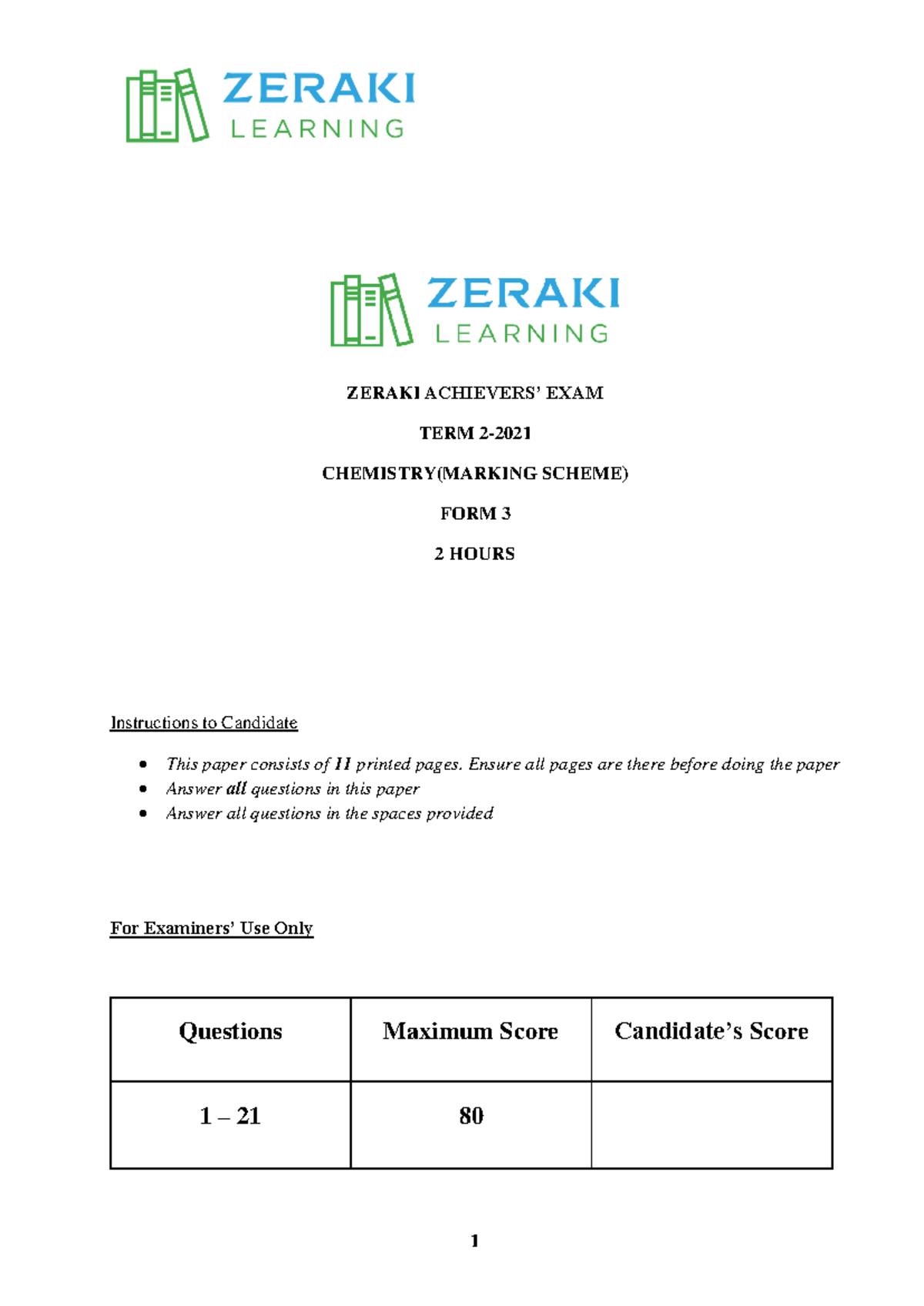 Chemistry - Chemistry Form 3 - Zeraki Achievers 2.0 - Marking Scheme ...