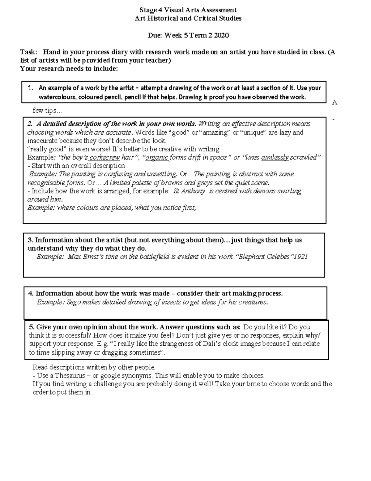 Stage 4 Visual Arts Assessment: Descriptive Report Guidelines - Studocu