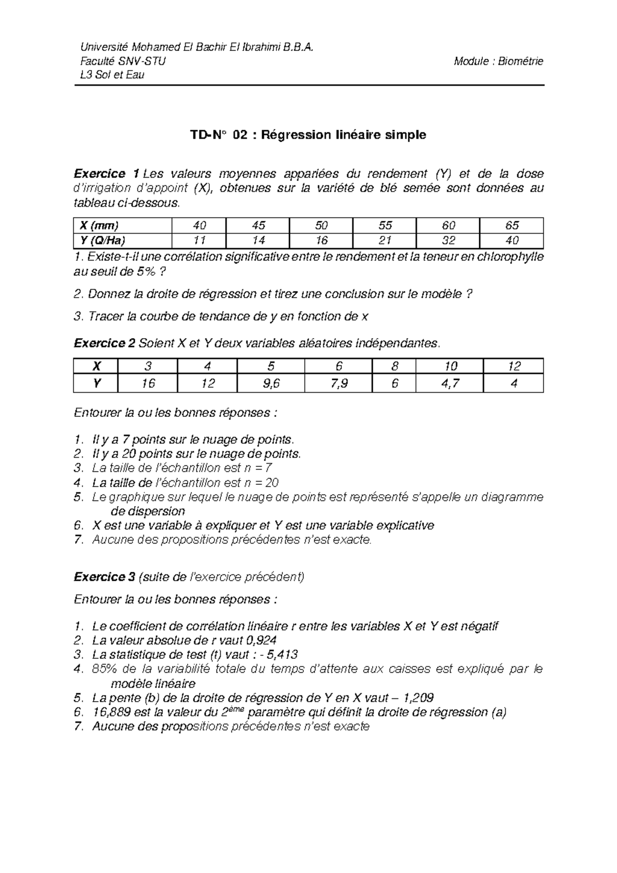 TD2 B.B.A. L3 Biométrie : Régression Linéaire Simple Exercice 1-3 - Studocu