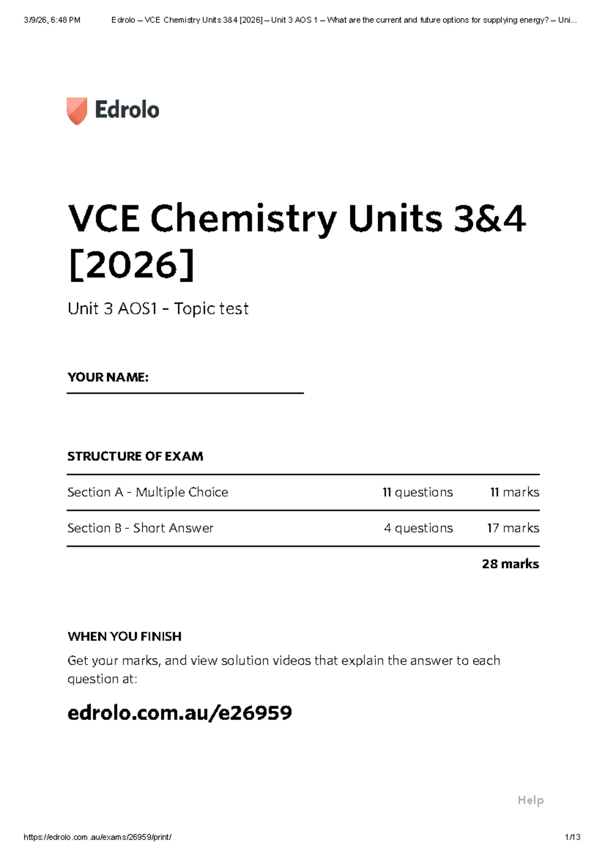 Unit 3 AOS1 – VCE Chemistry Topic Test on Energy Supply Options - Studocu