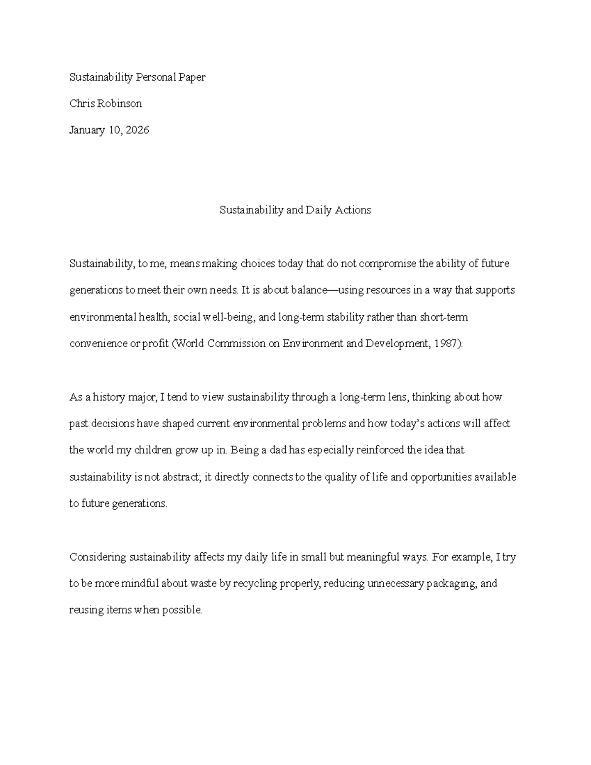 Sustainability Personal Paper: Daily Actions & Choices - Studocu