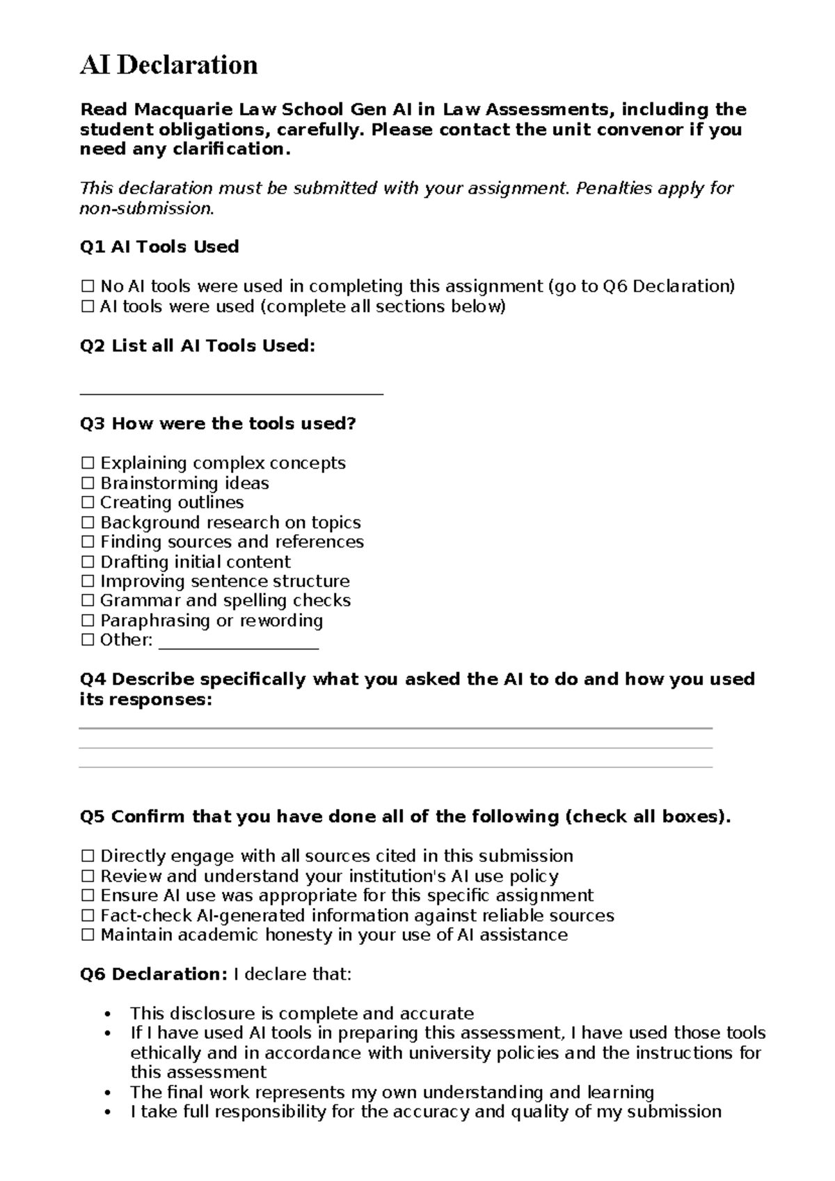 AI Tool Usage Declaration for Macquarie Law School Assessments - Studocu