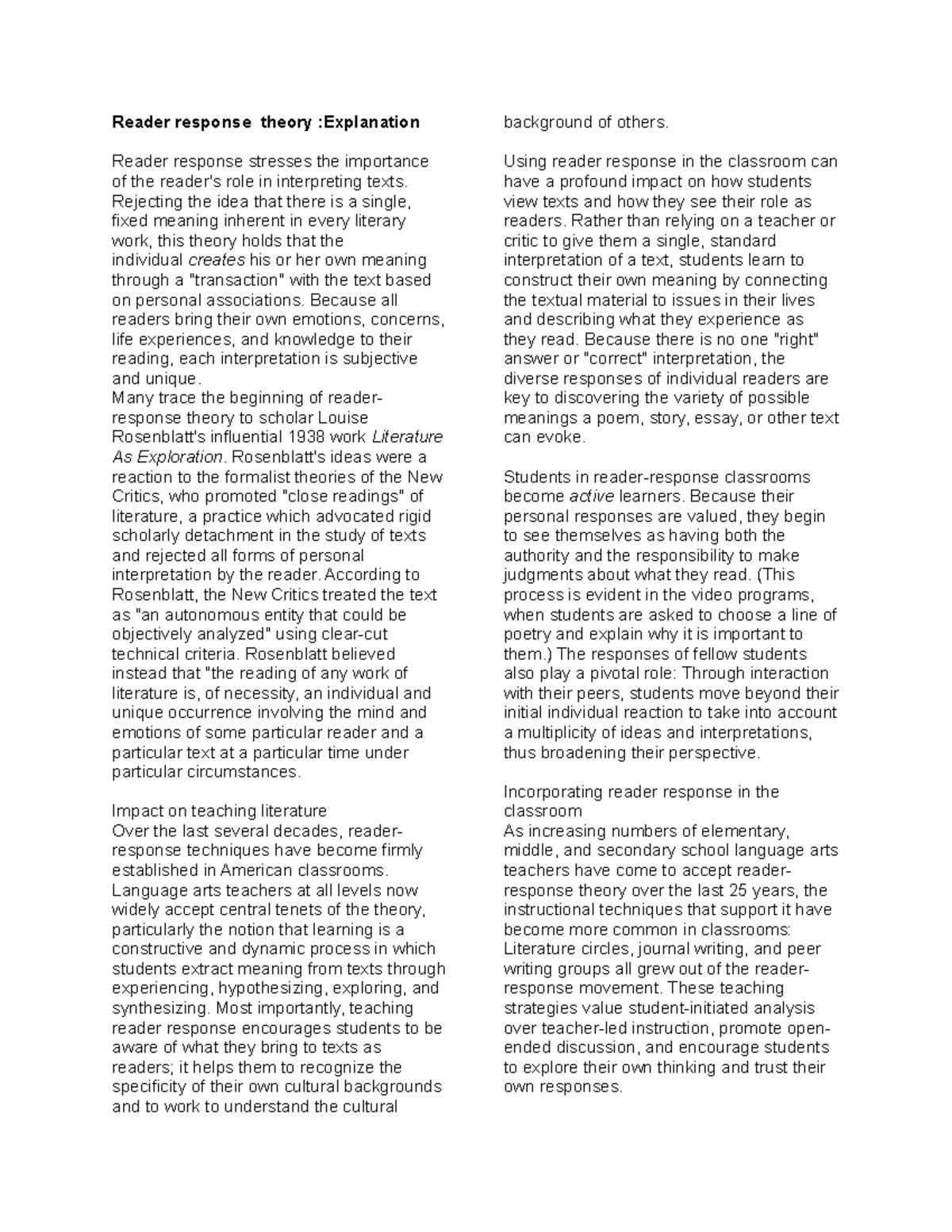 Reader Response Theory: Key Concepts and Educational Implications - Studocu