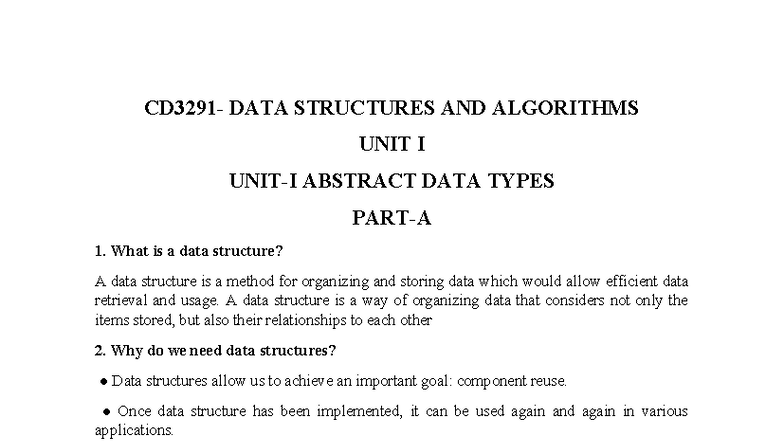 DATA STRUCTURES AND ALGORITHMS UNIT I: ABSTRACT DATA TYPES & OOP ...