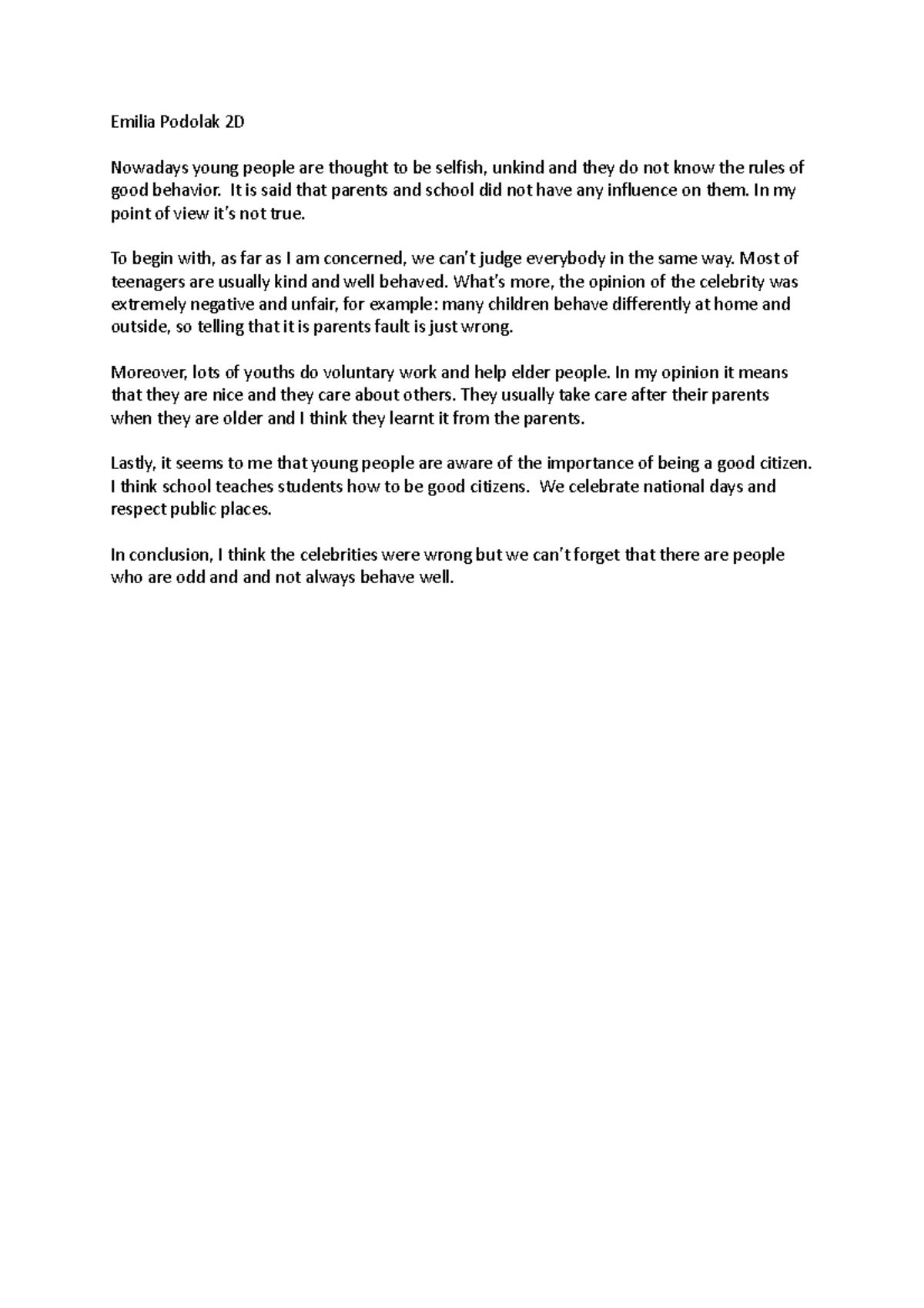 2D Essay: The Kindness and Responsibility of Today's Youth - Studocu