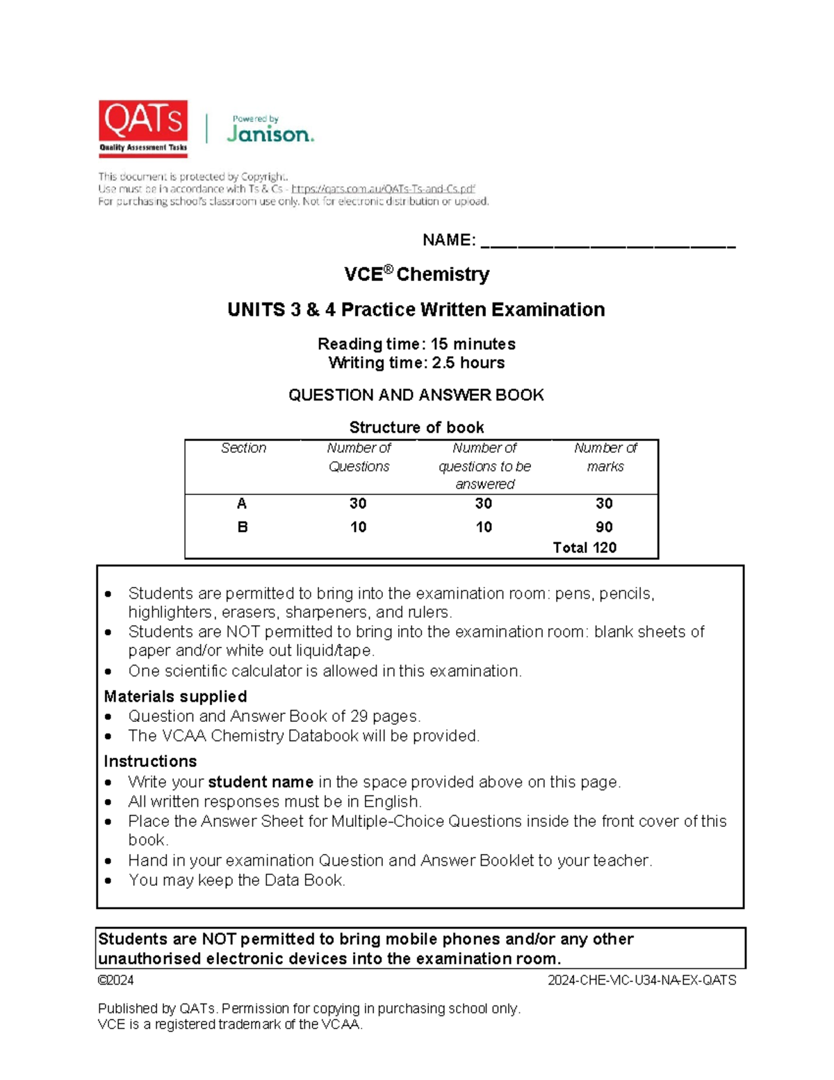 2024 QATs VCE Chemistry Practice Written Examination Units 3 & 4 - Studocu