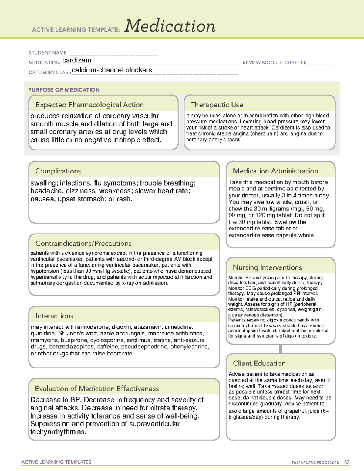 Cardizem - meds - ACTIVE LEARNING TEMPLATES TherapeuTic procedure A ...