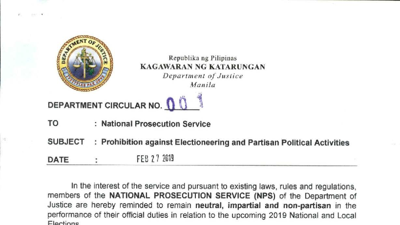 Department Circular No. Q Cl: Prohibition on Electioneering (DC001-2019 ...