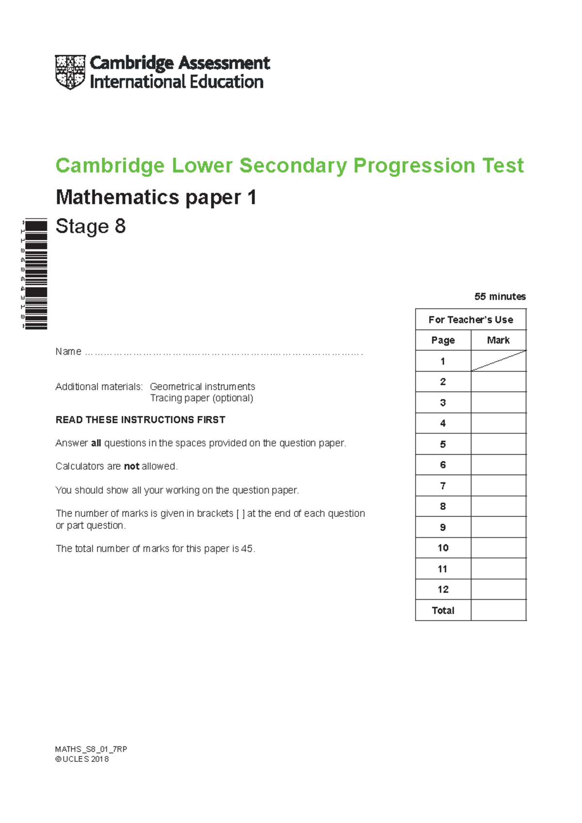 Cambridge Lower Secondary Maths Progression Test Stage 8 - Paper 1 (QP ...