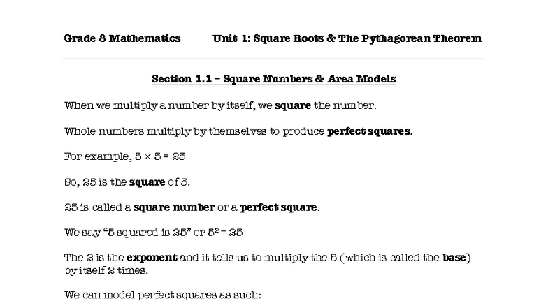 Grade 8 Math Unit 1: Square Roots & Pythagorean Theorem Notes - Studocu