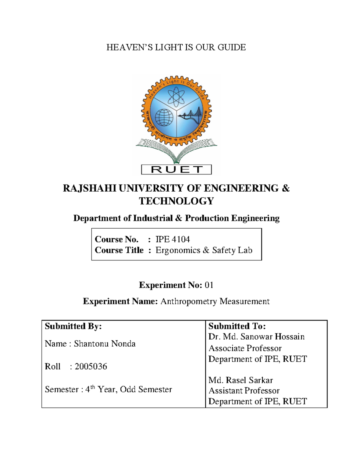 IPE 4104: Ergonomics Lab Experiment 01 - Anthropometry Measurement ...