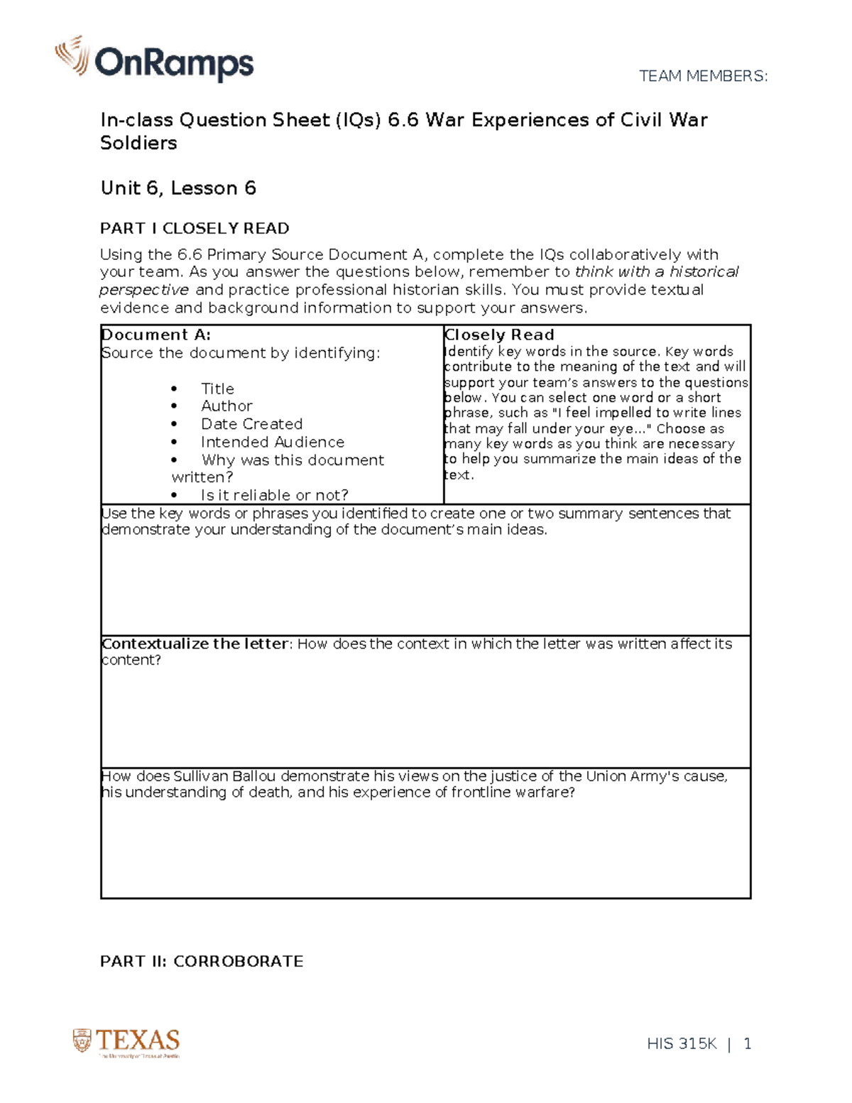 IQ 315K Unit 6 Lesson 6: Analyzing Civil War Soldiers' Experiences ...