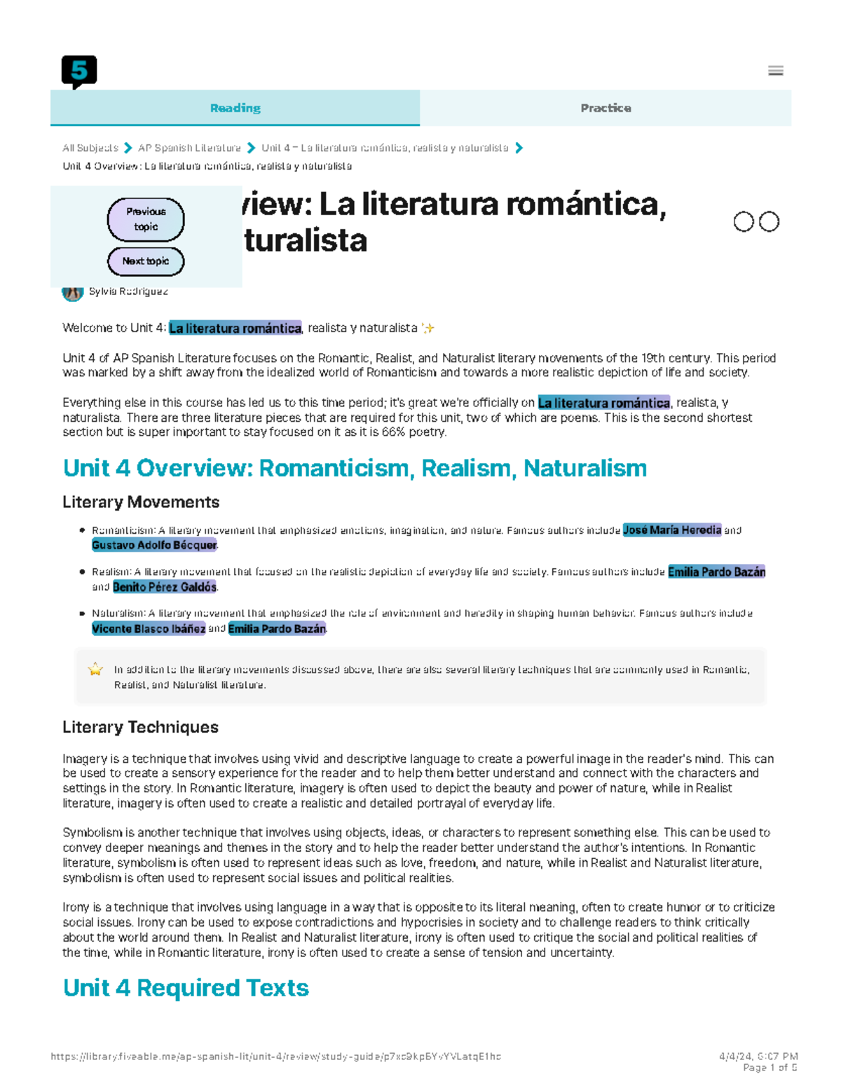 AP Spanish Literature 2024 – Unit 4 Review: Literary Movements and ...