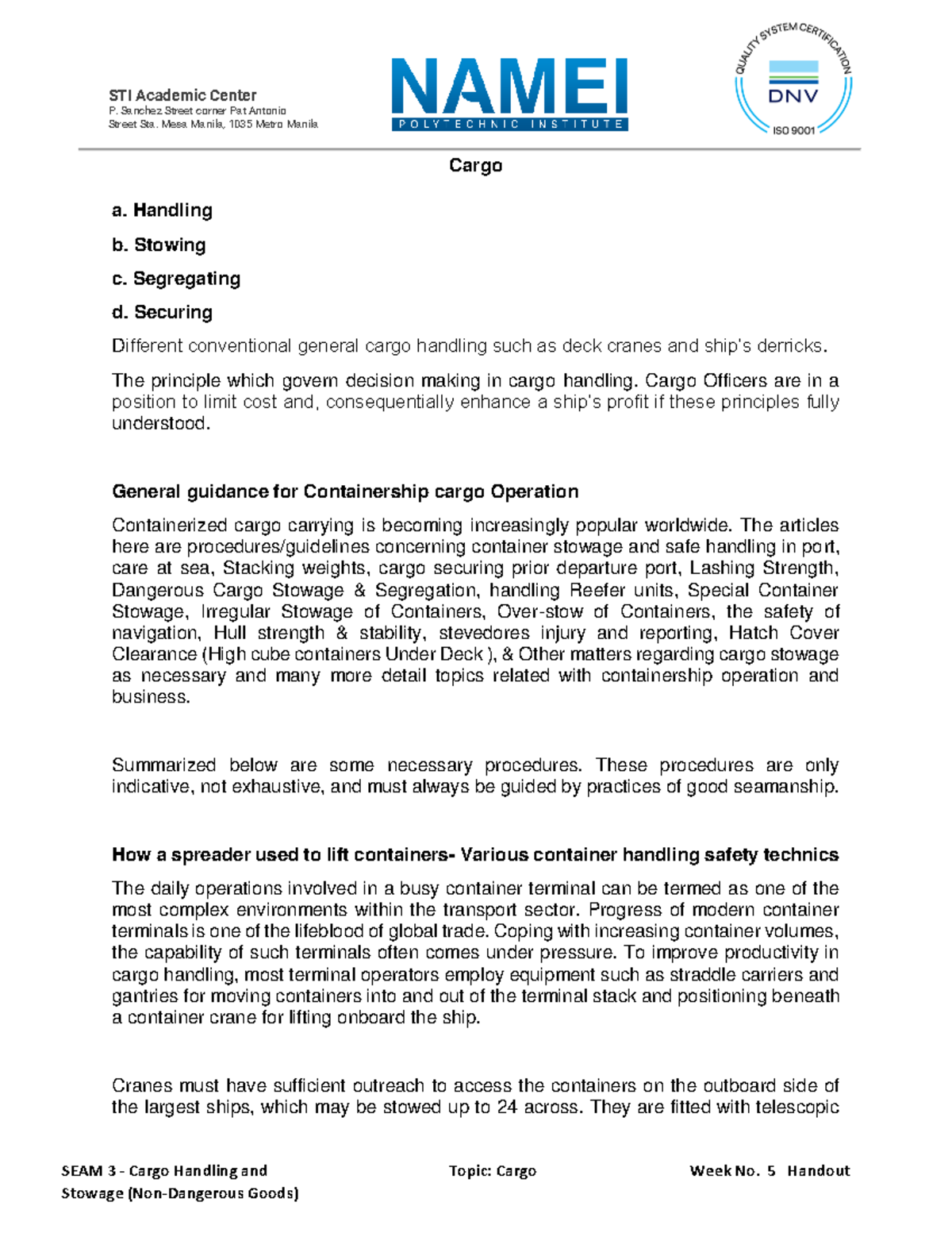 SEAM 3 - Week 5 - Cargo Handling Fundamentals and Procedures - Studocu