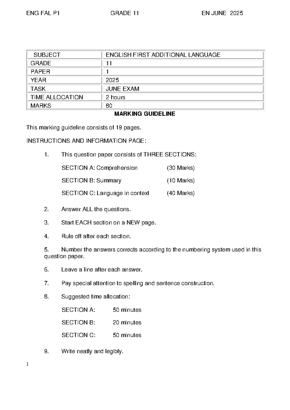 ENG FAL P1 GRADE 11 JUNE 2025 EXAM MARKING GUIDELINE - Studocu