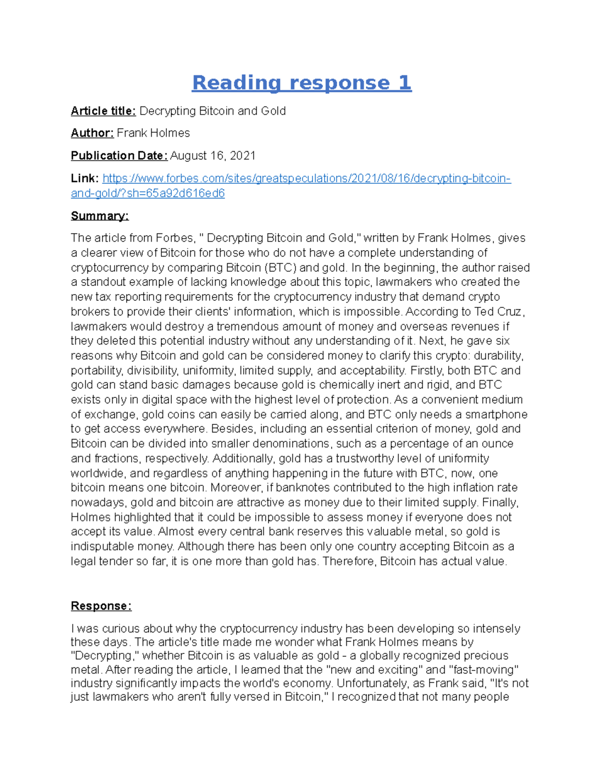 Reading response 1 - In the beginning, the author raised a standout ...