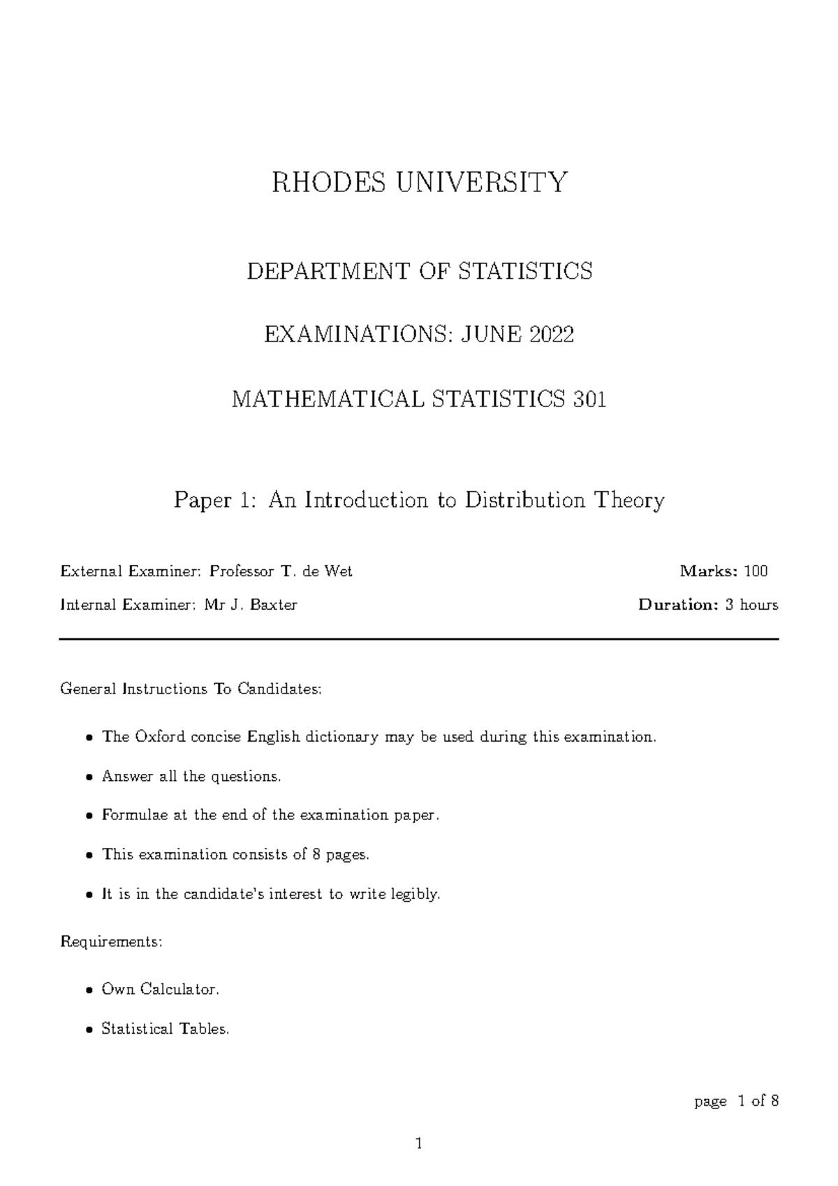 Mathematical Statistics 301 P1: Distribution Theory Exam - June 2022 ...
