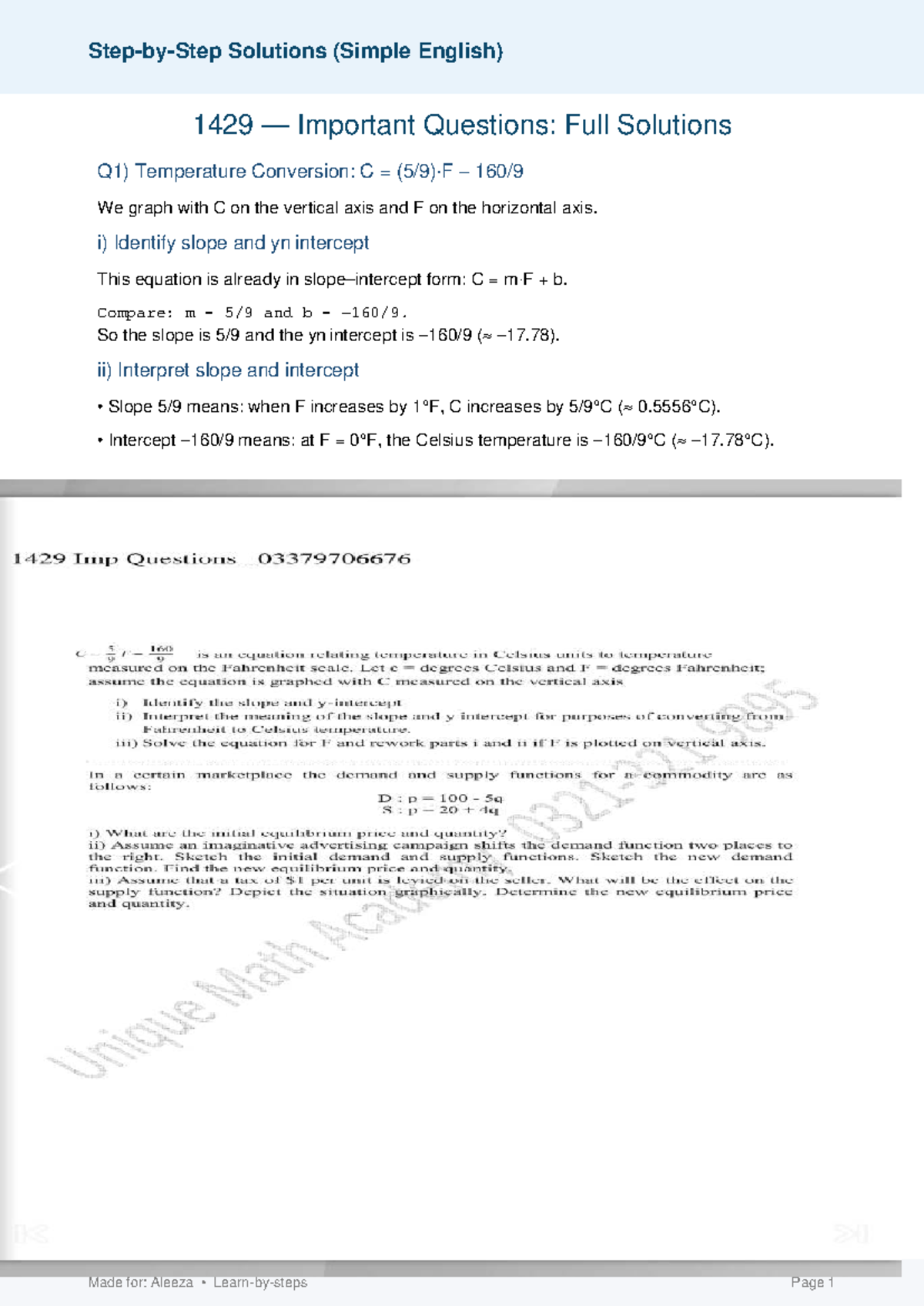 Linear Econ Solutions (Econ 1429): Temp Conversion & Demand Analysis - Studocu