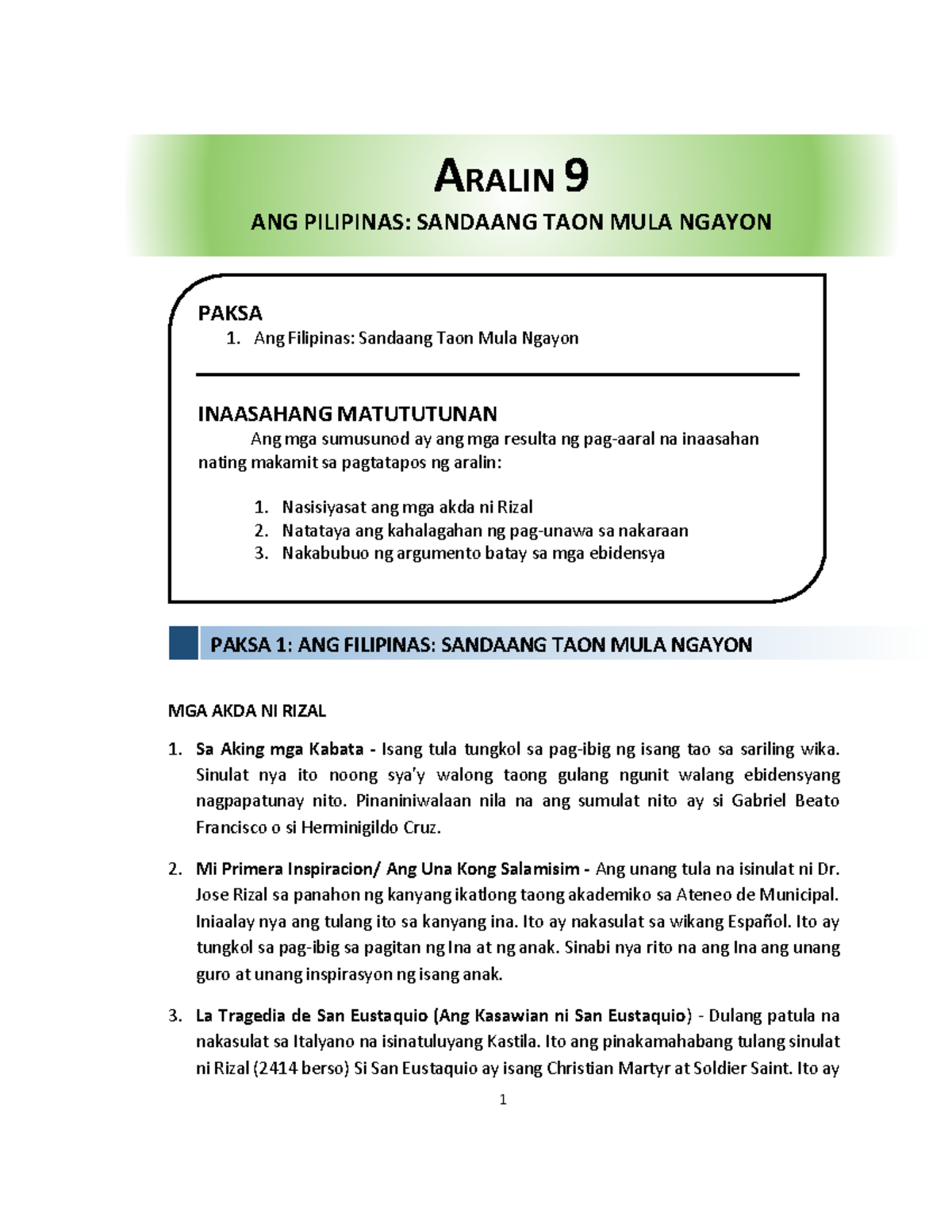 Rizal-Aralin 9: Pagsusuri at Kahulugan ng Kanyang Mga Akda - Studocu
