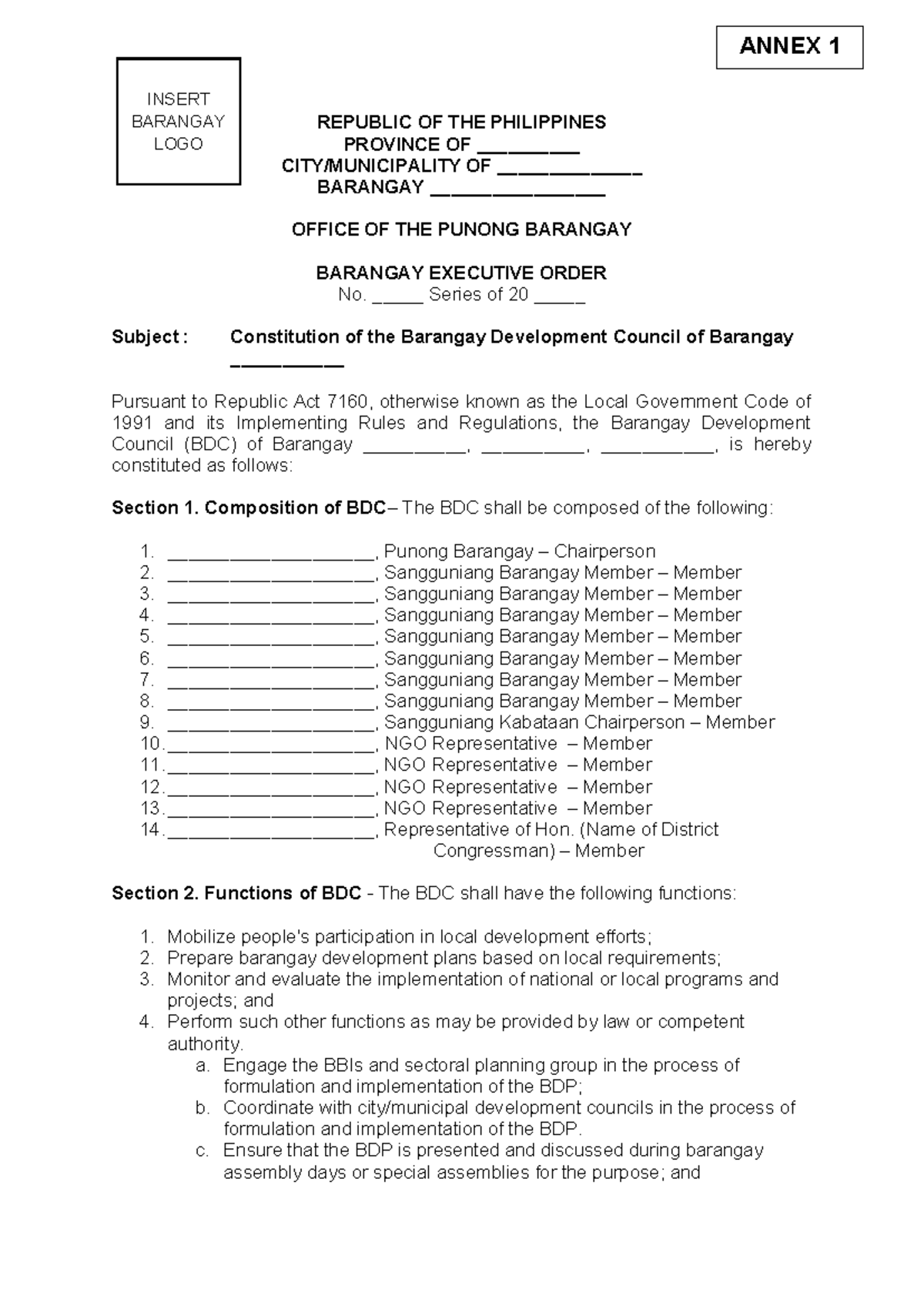 Barangay Executive Order No. 7: Constitution of the BDC - Studocu
