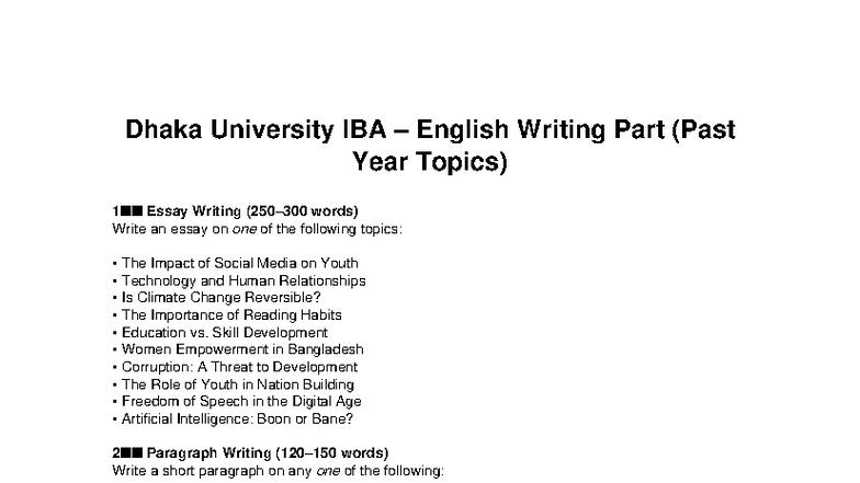 DU IBA English Writing Part: Past Year Essay & Writing Topics - Studocu