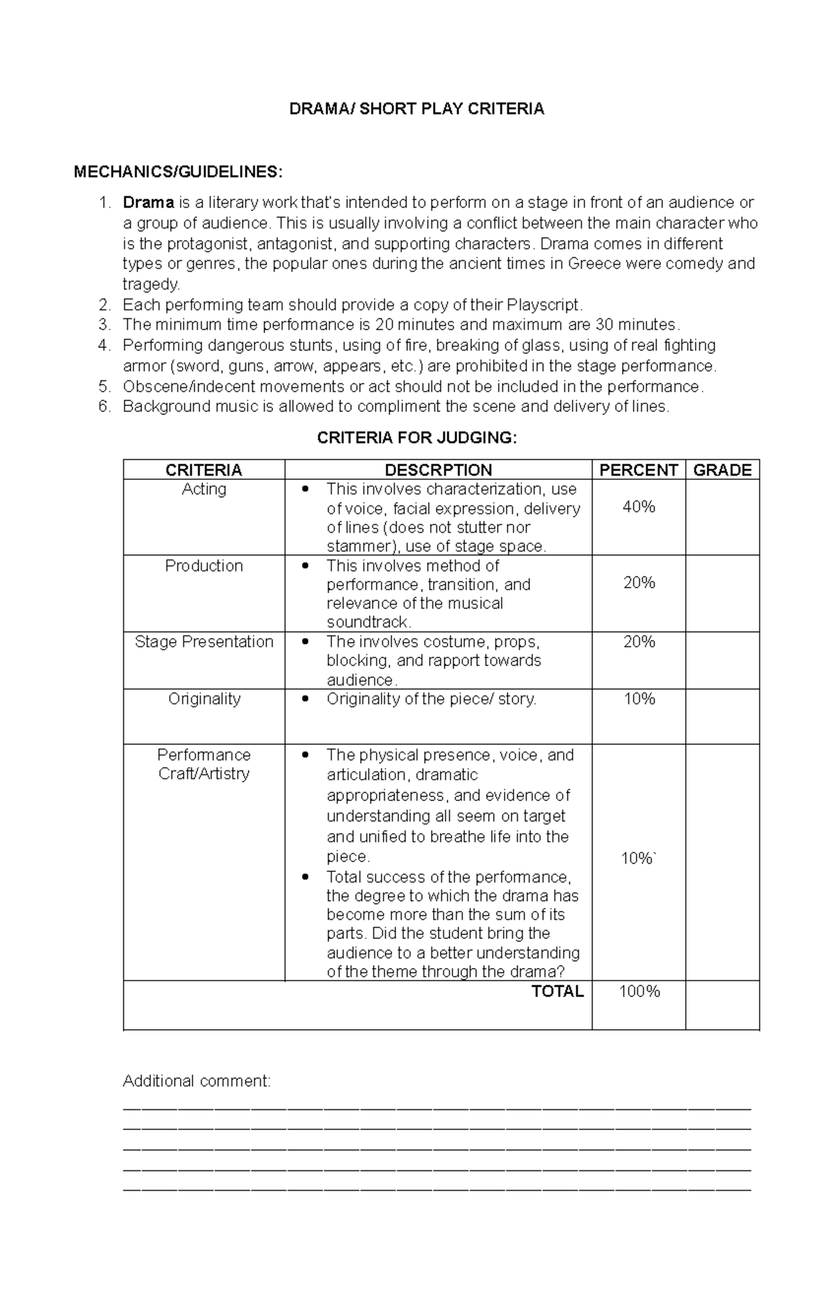 CW- Drama- Performance Criteria and Evaluation Notes - Studocu