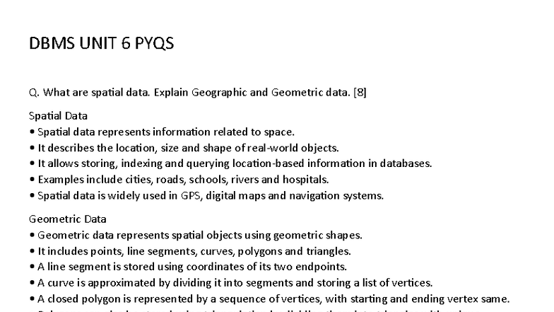 DBMS UNIT 6 PYQS: Understanding Spatial, Geometric, and XML Data - Studocu