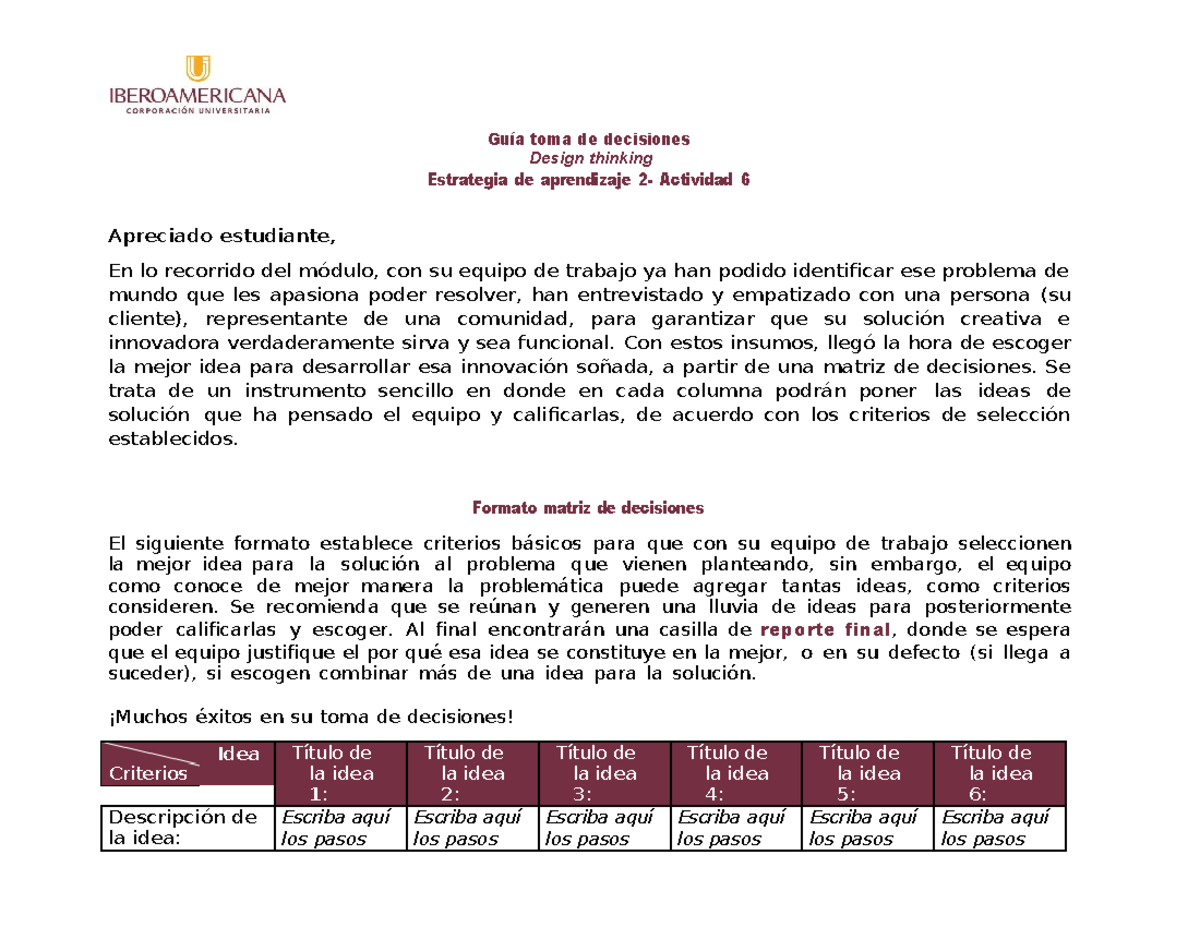 Matriz de Decisiones para Innovación en Diseño - Guía 12345666 - Studocu